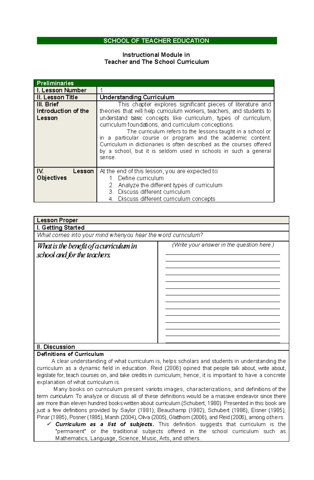 Lesson 1 - SCHOOL OF TEACHER EDUCATION Instructional Module in Teacher ...