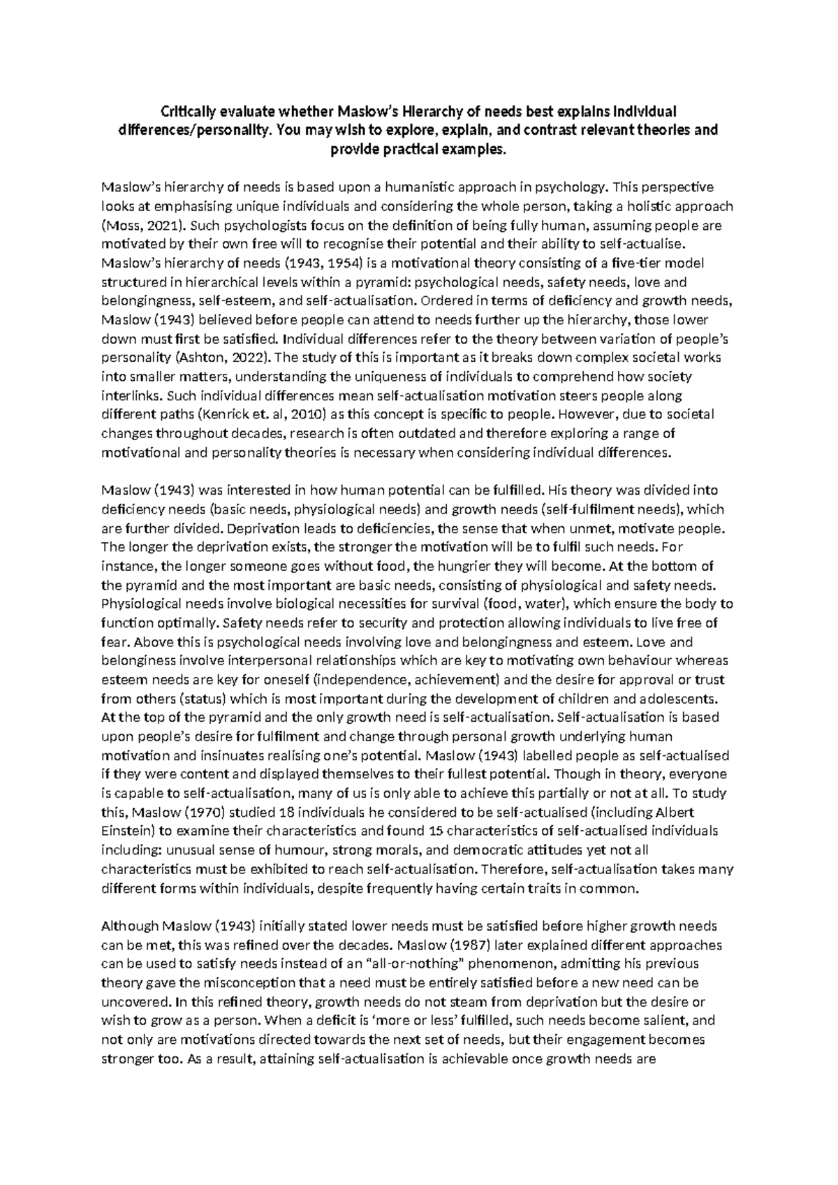 Individual differences assessment - Critically evaluate whether Maslow ...