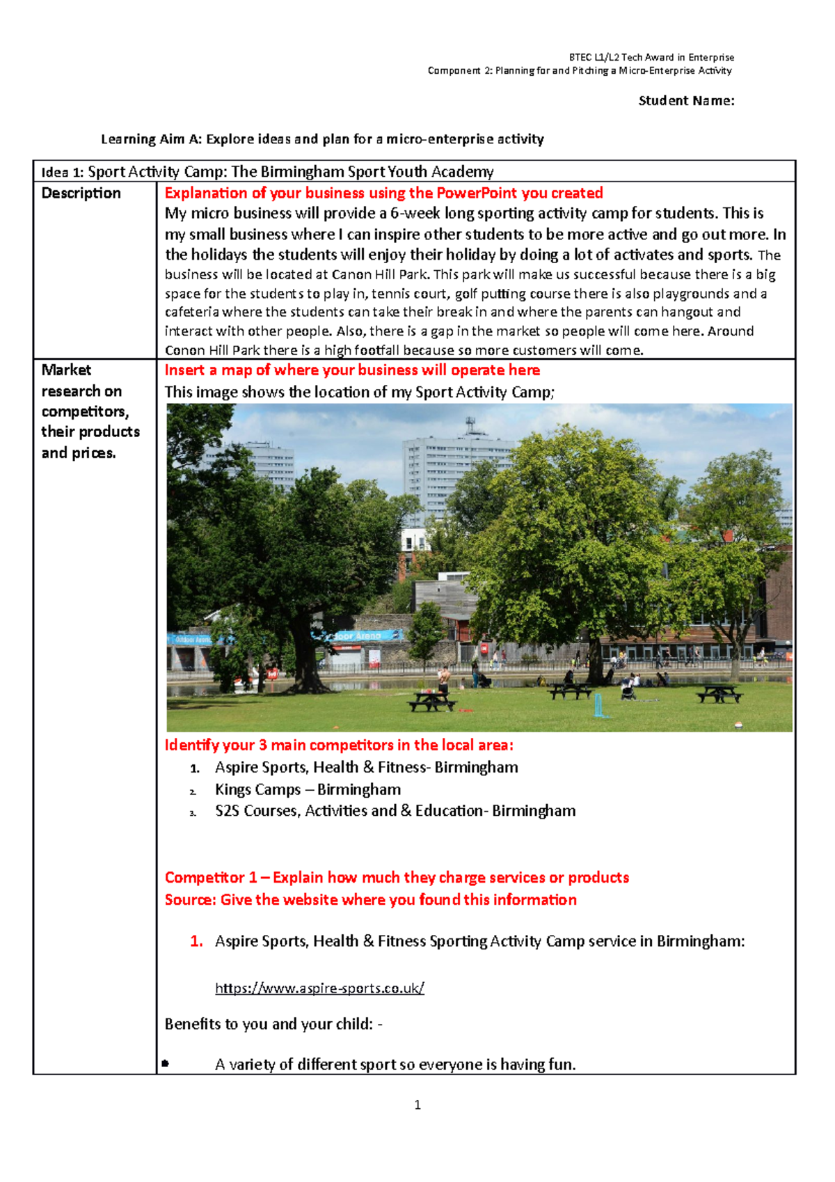 Template for learning aim A - Component 2: Planning for and Pitching a ...