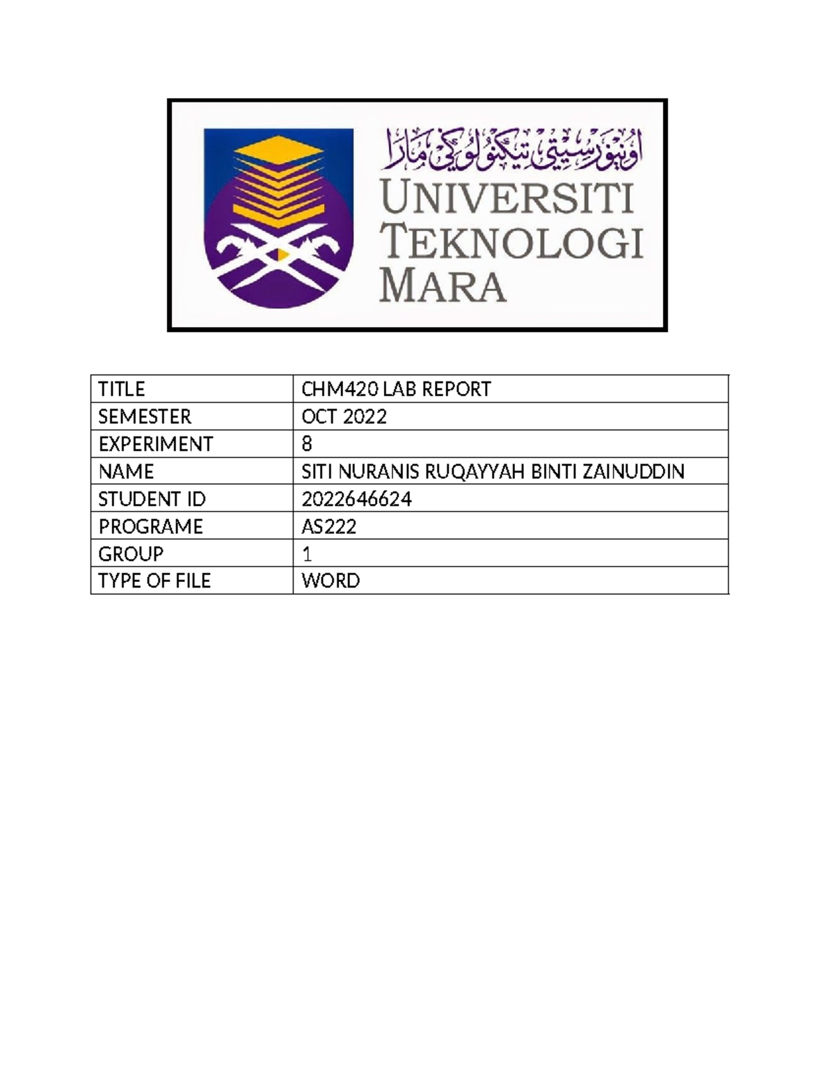 Chm420 Lab Report Experiment 8 Title Chm420 Lab Report Semester Oct