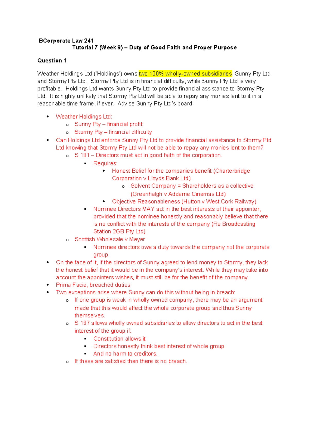 Tutorial 7 Week 9 - BCorporate Law 241 Tutorial 7 (Week 9) – Duty of ...