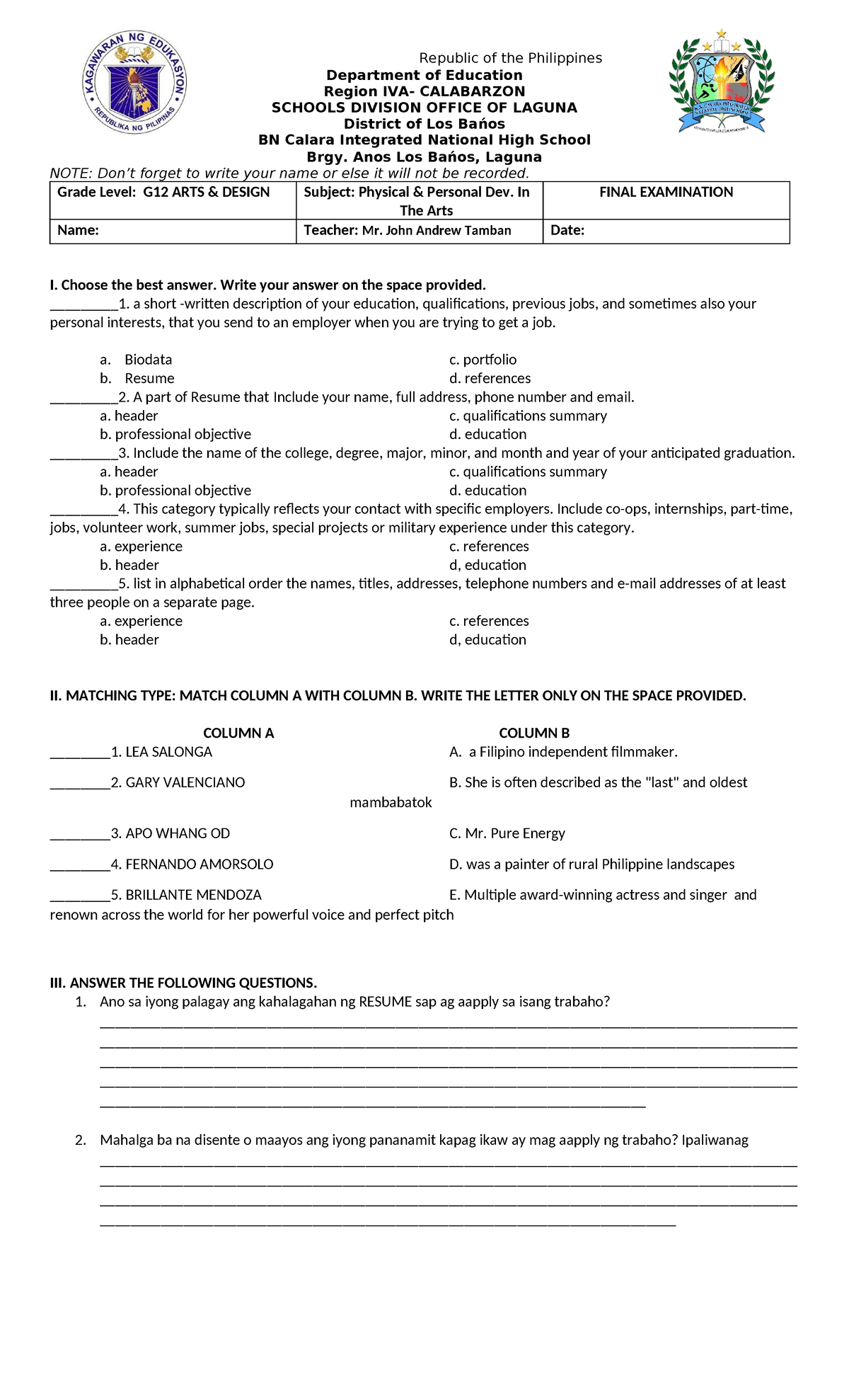 Finald exam - applied - Republic of the Philippines Department of ...