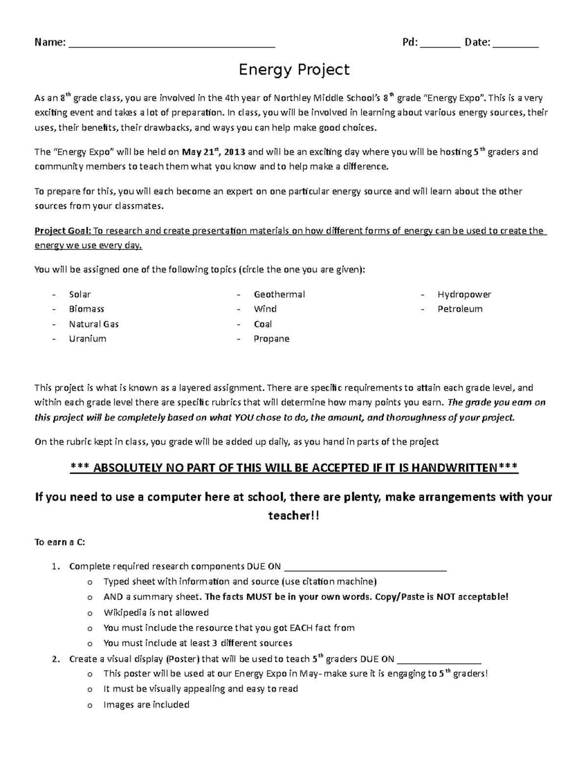 Earthsci Energy Project Ideas - Name ...