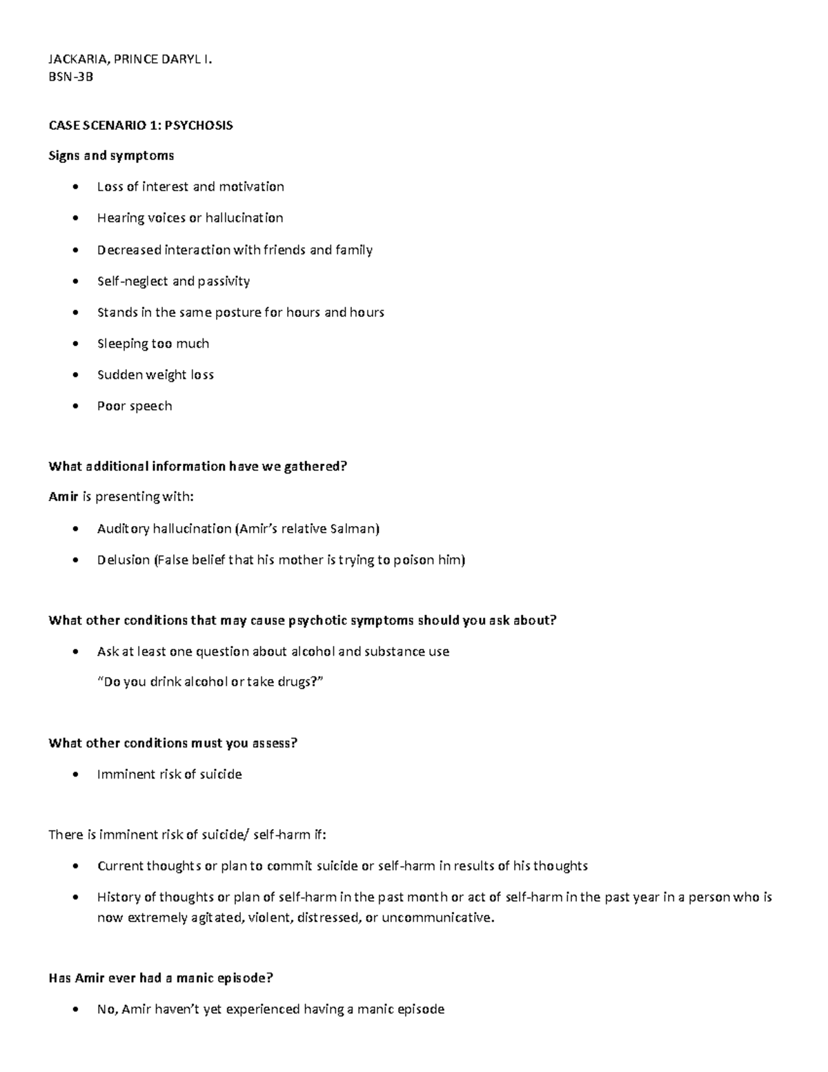 Case Scenario (I)- Psychosis - BSN-3B CASE SCENARIO 1: PSYCHOSIS Signs ...