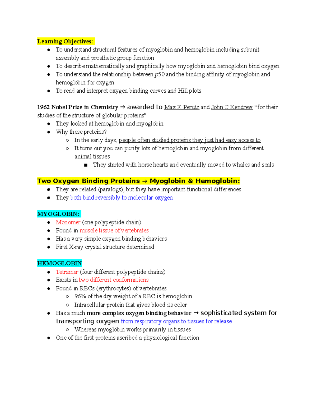 Module 4 Oxygen Binding Proteins - Learning Objectives: To understand ...