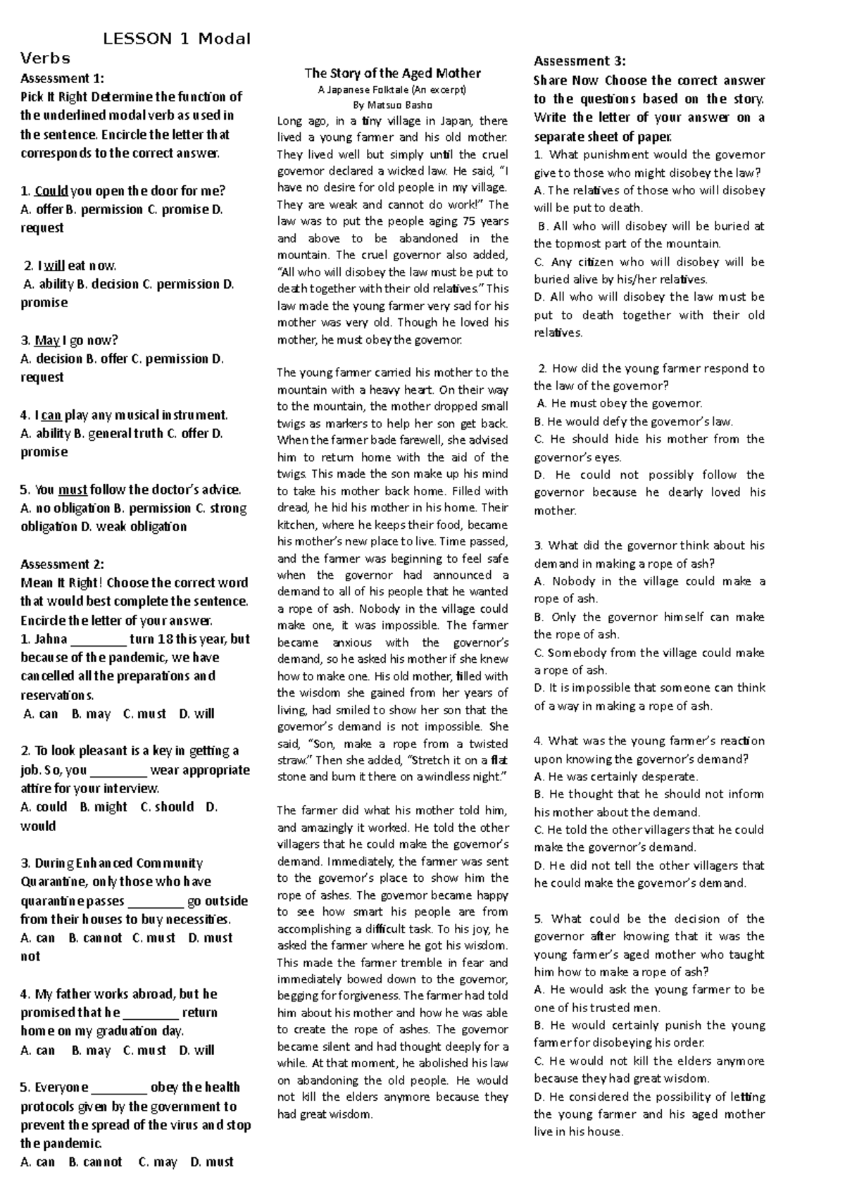 Quiz las 3 - english - LESSON 1 Modal Verbs Assessment 1: Pick It Right ...