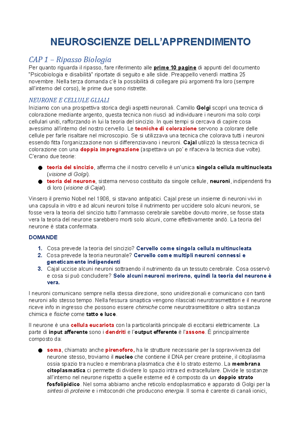 Neuroscienze dell'apprendimento - NEUROSCIENZE DELL’APPRENDIMENTO CAP 1 ...