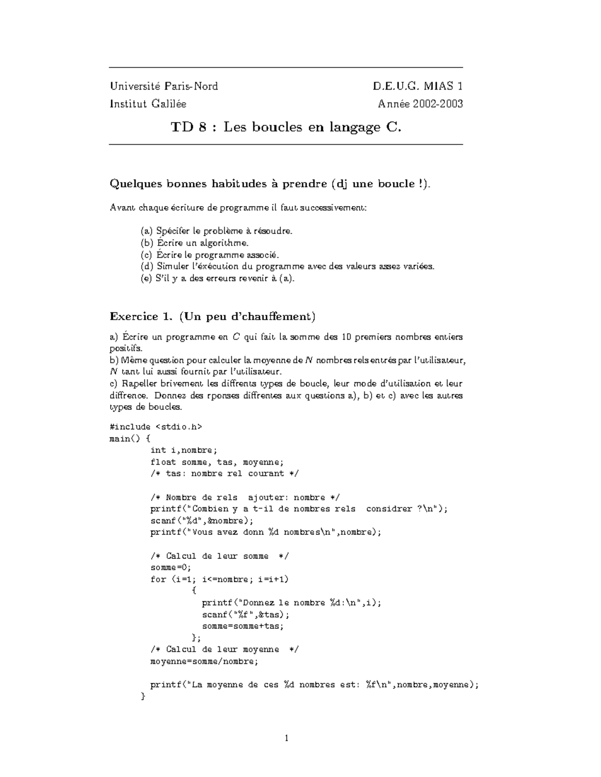 Td8 corr - programming - Universit ́e Paris-Nord D.E.U. MIAS 1 Institut ...