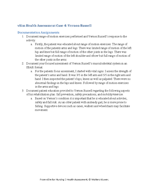 Edith VSIM 1 - Vsims Assignment - vSim Health Assessment Case 9: Edith ...