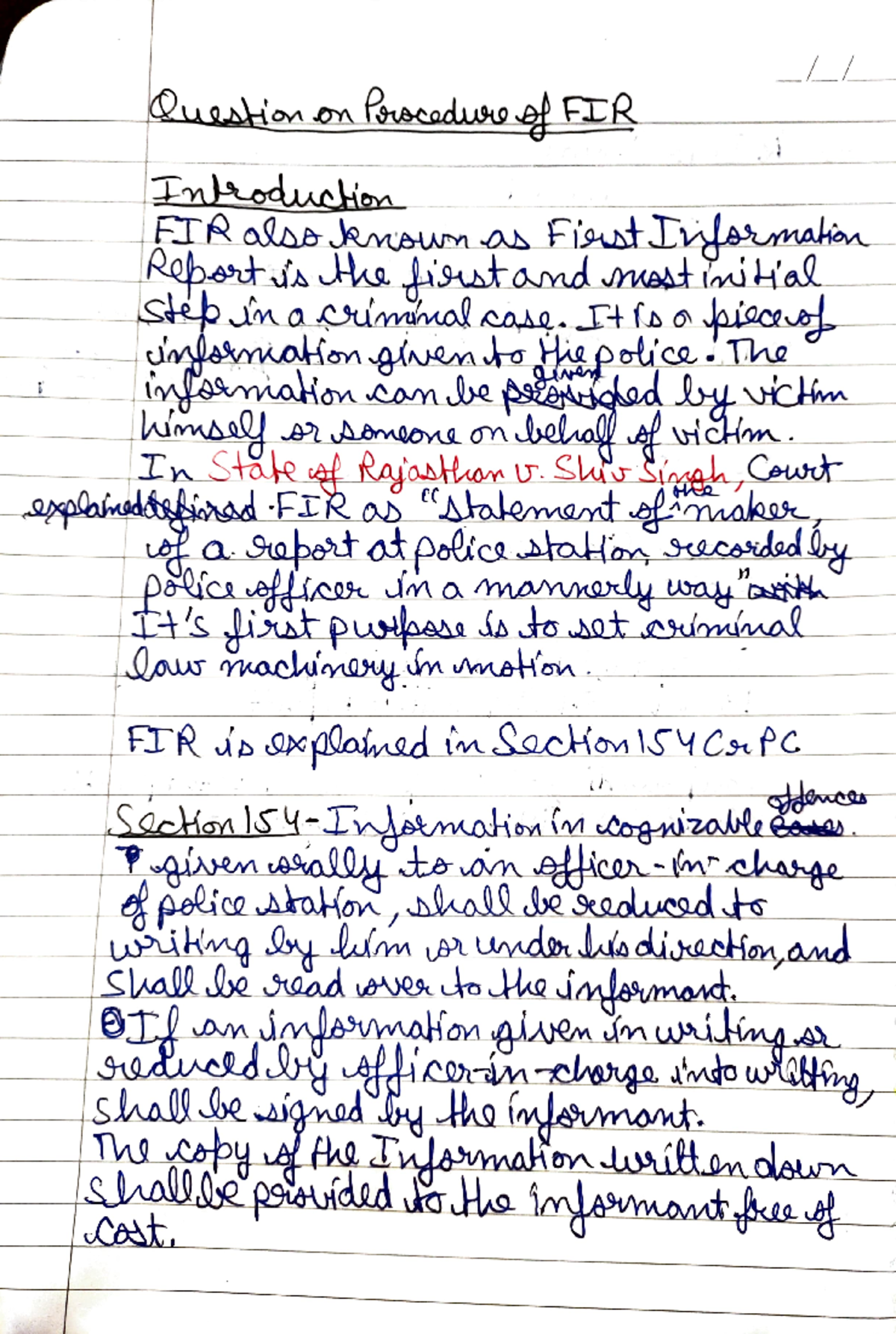 Procedure of FIR - crpc and bnss notes and answers - FTRals JkmmasFisst ...