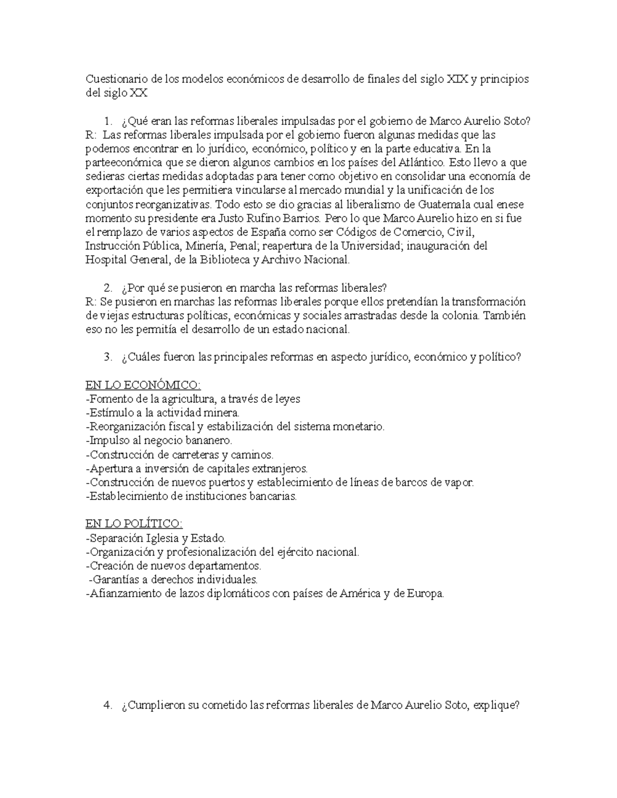 Cuestionario Reforma liberal y economía de enclave - Cuestionario de ...