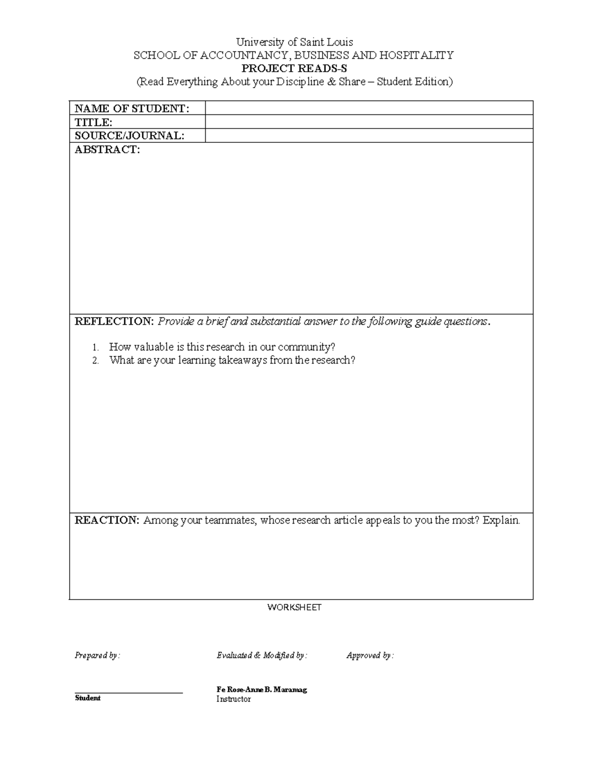 Project Read worksheet 2 - University of Saint Louis SCHOOL OF ...