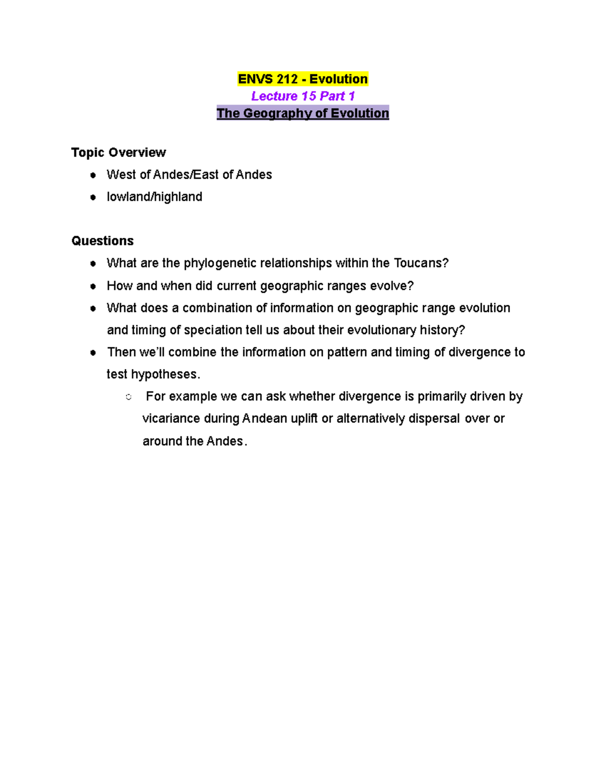 ENVS 212 Lecture 15 Part 1 - Spring 2020 - ENVS 212 - Evolution Lecture 15 Part 1 The Geography ...