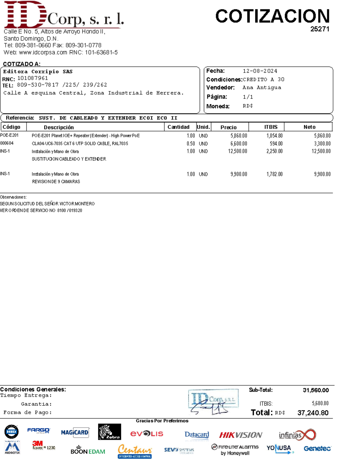 25271 - Ensayo - Página: 1/ Código Cantidad Precio Neto Vendedor: 25271 ...