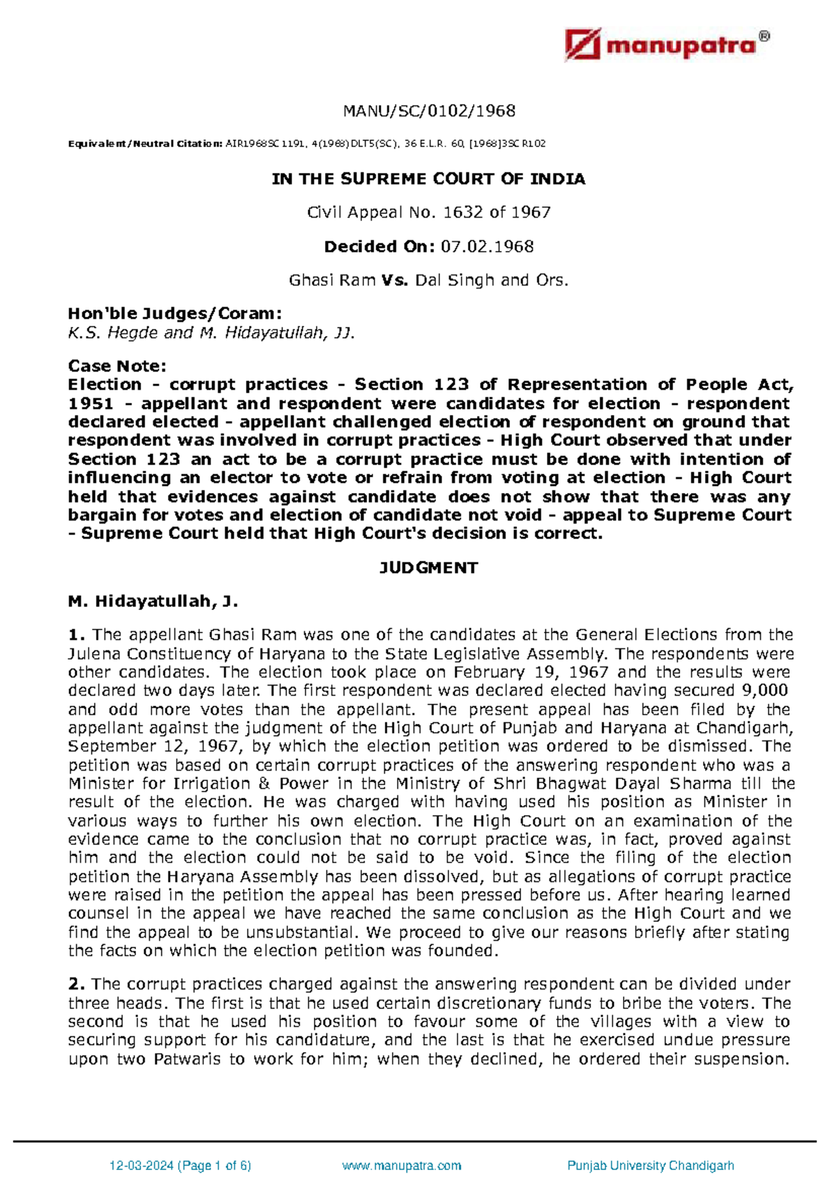 Ghasi ram v dal singh - case law - MANU/SC/0102/ Equivalent/Neutral ...