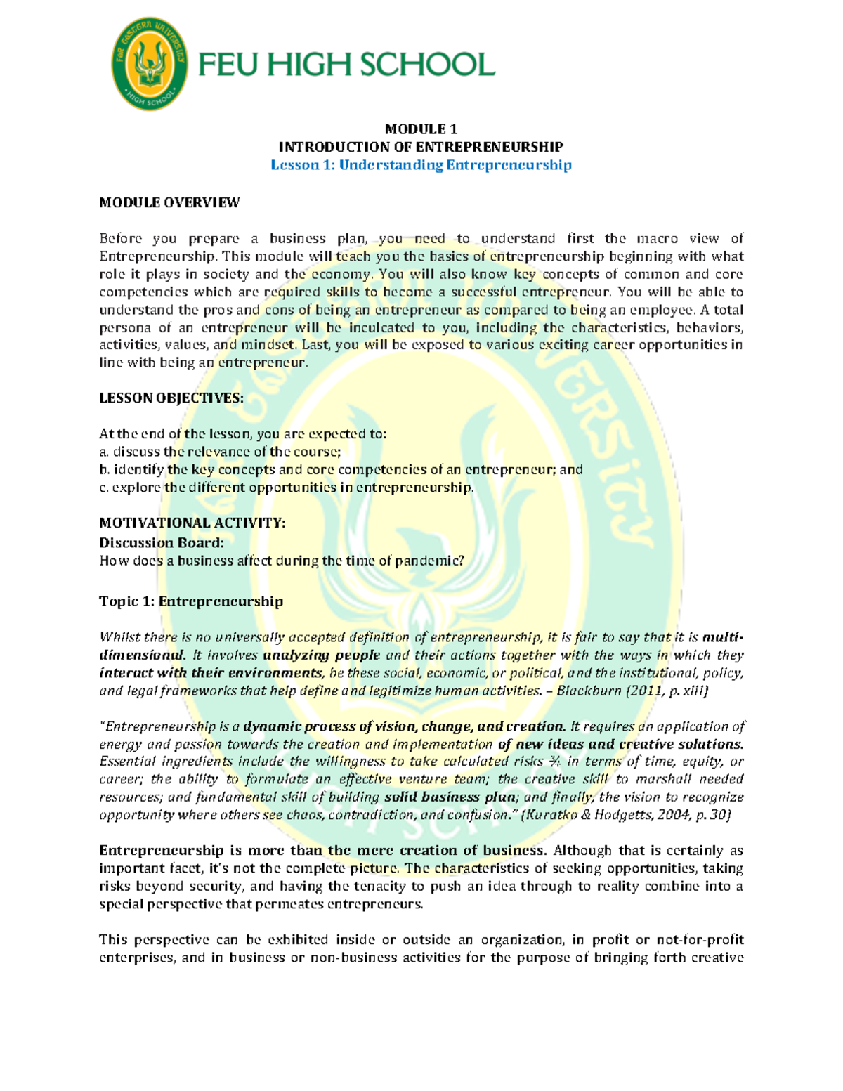 M1-L1 - Module in Entrepreneurship subject - MODULE 1 INTRODUCTION OF ...