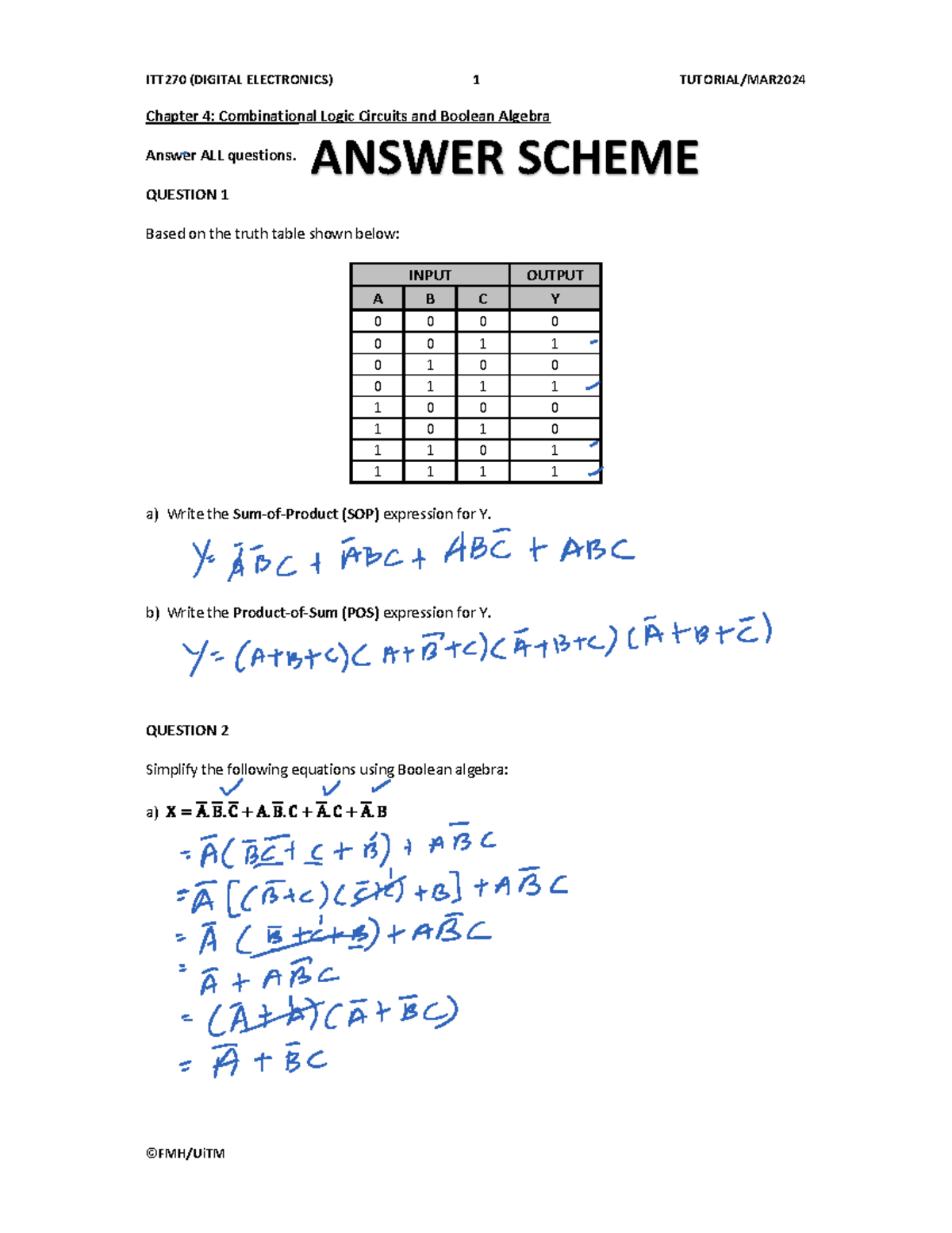 ITT270 CHAP 4 - Chapter 4: Combinational Logic Circuits and Boolean Algebra Answer ALL questions ...