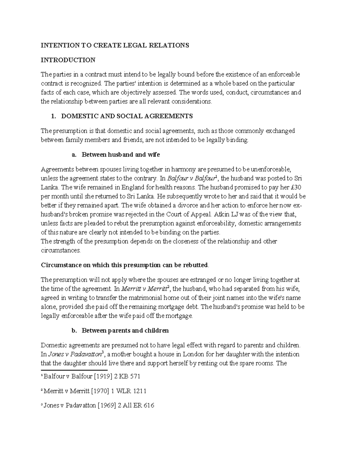 Contract cat 2 - INTENTION TO CREATE LEGAL RELATIONS INTRODUCTION The ...