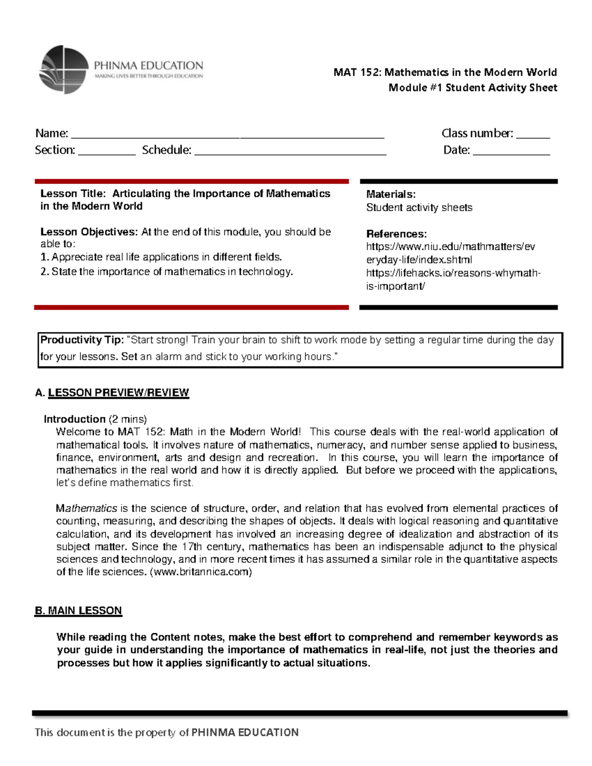 SAS 01-MAT 152 Importance - Module #1 Student Activity Sheet Name ...