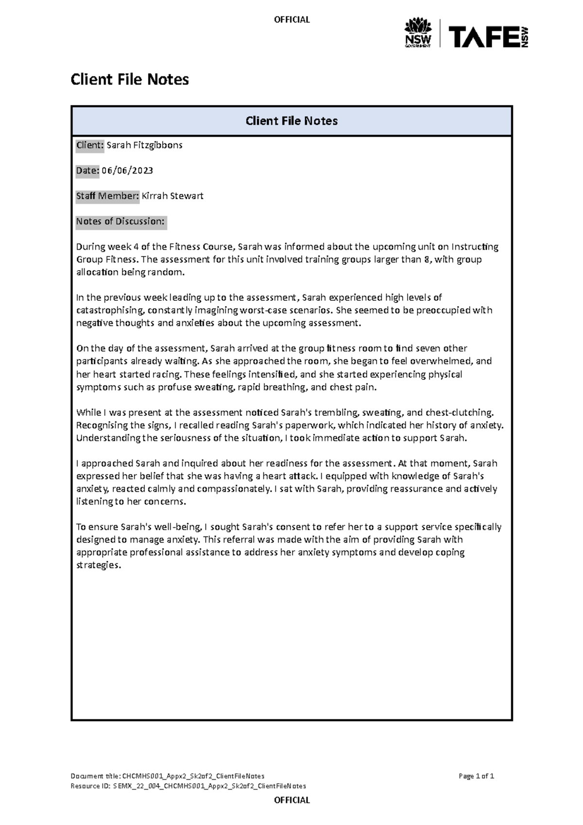 Role Play 3 - Client File Notes - Sarah - OFFICIAL OFFICIAL Client File ...