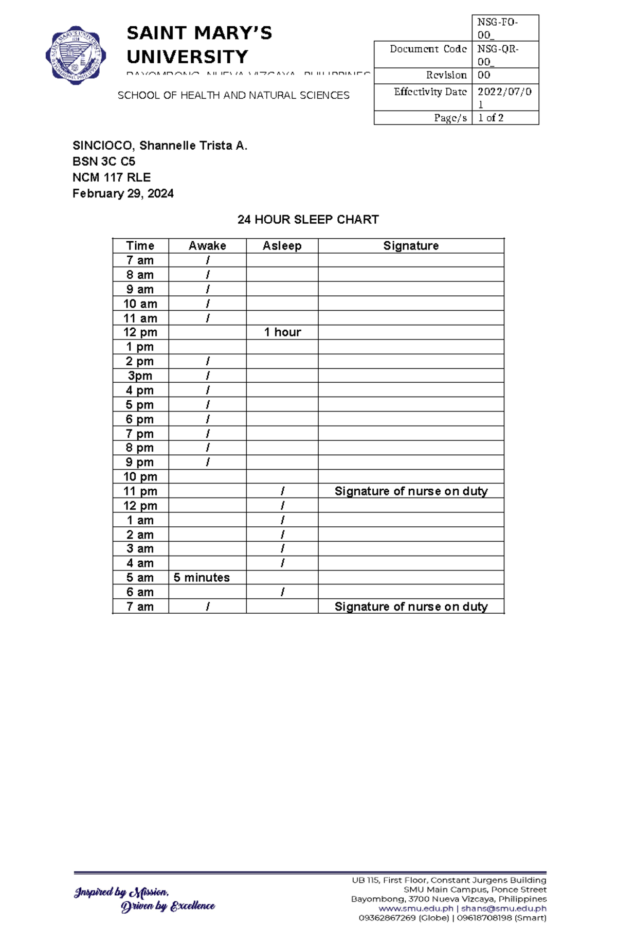 Sleep- Chart- Template - SAINT MARY’S UNIVERSITY BAYOMBONG, NUEVA ...