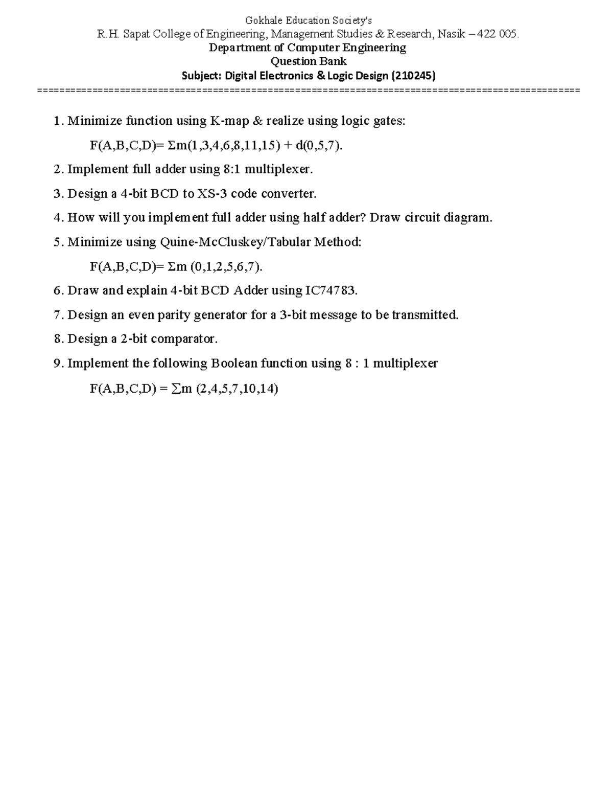 Deld insem qb - question bank - Gokhale Education Society's R. Sapat College of Engineering ...