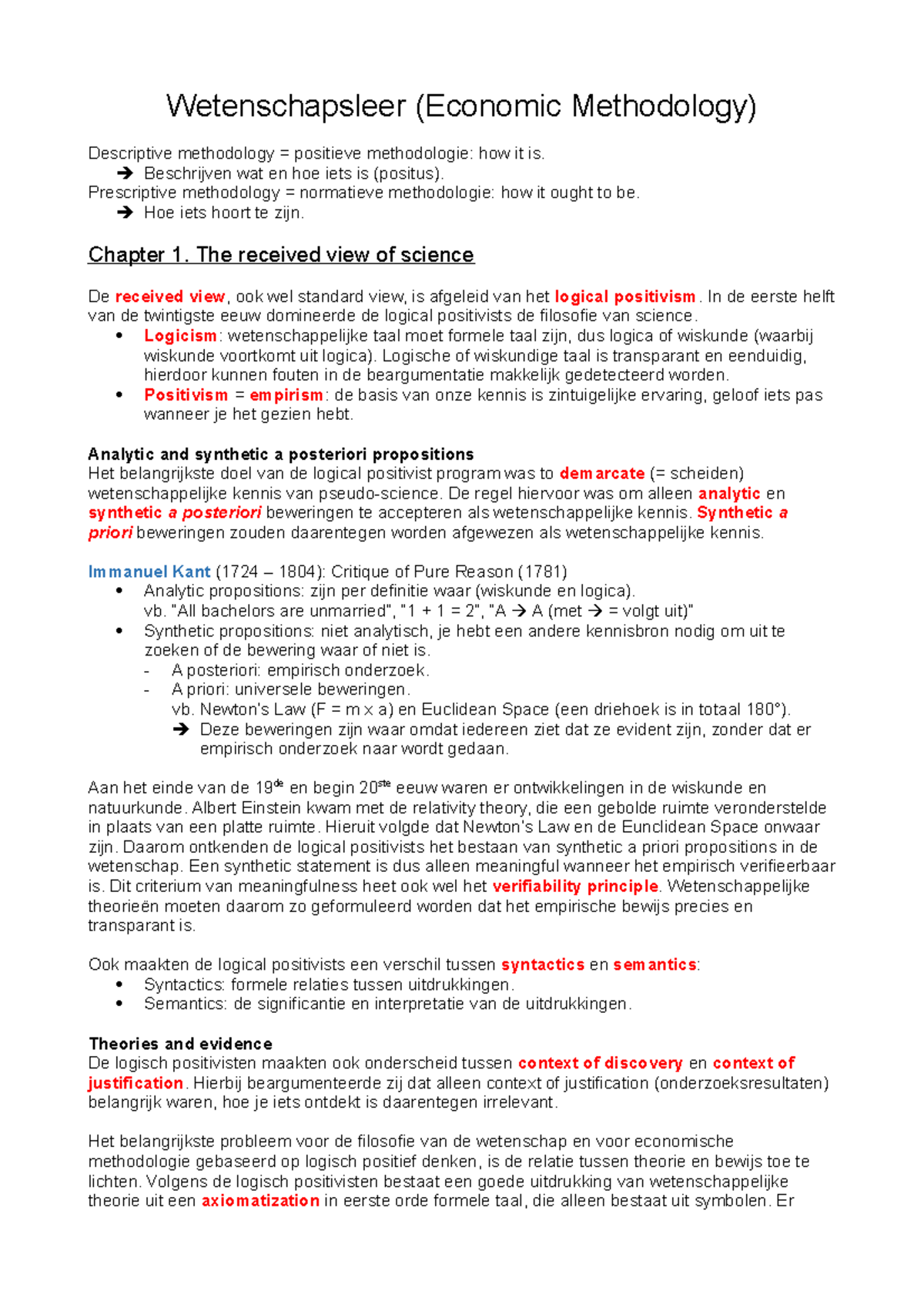 Samenvatting Economic Methodology Marcel Boumans; John Davis, Week 1-7 ...