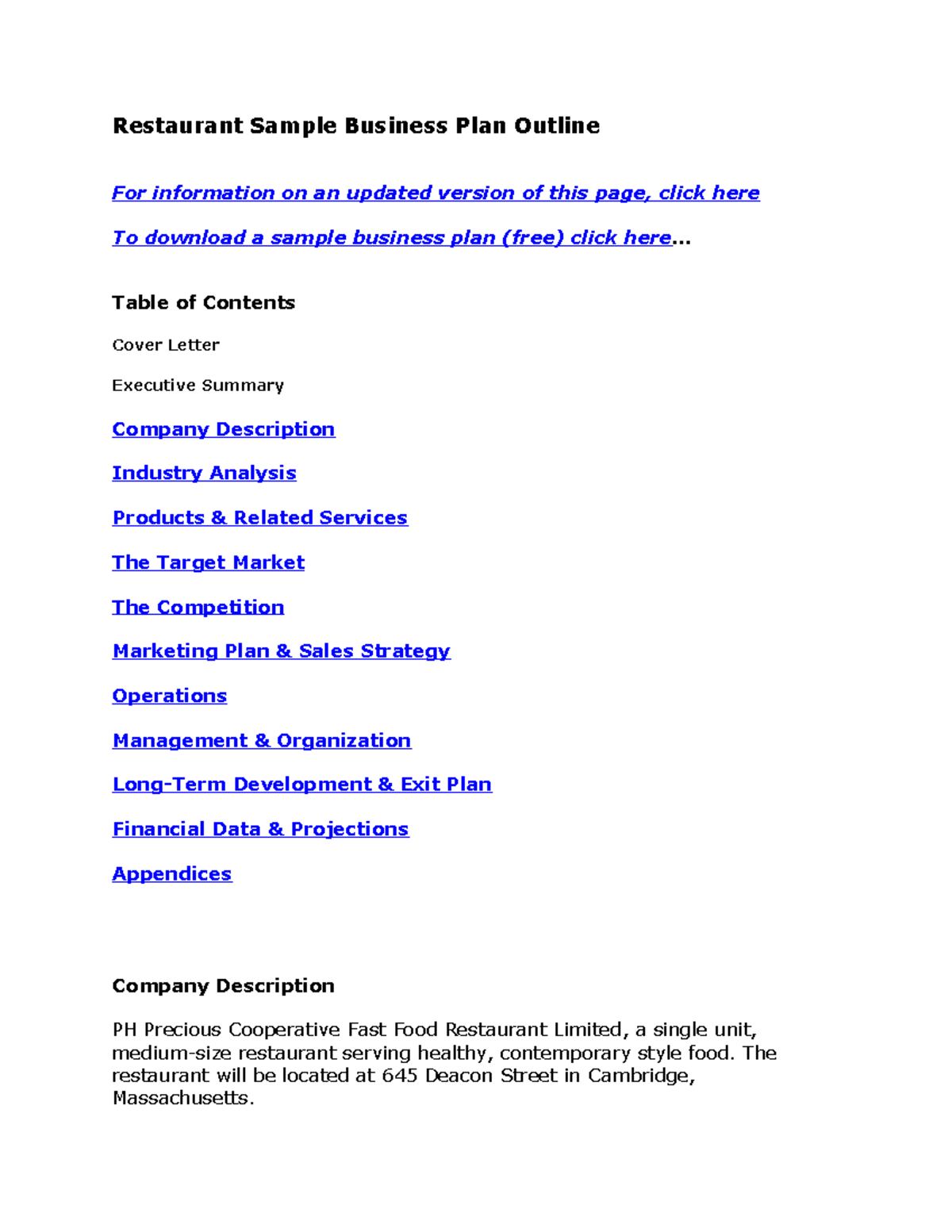 Feasibility Study Restaurant Sample Business Plan Outline - Restaurant ...