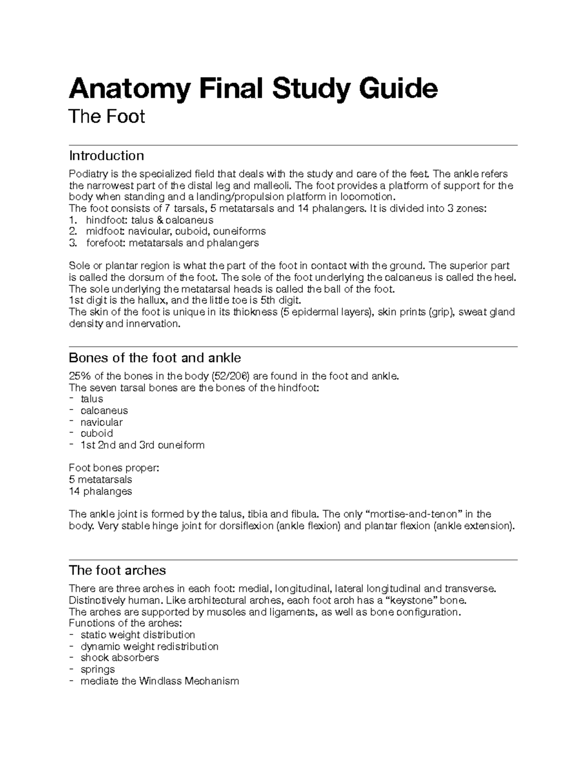 Anatomy Final Study guide - Anatomy Final Study Guide The Foot ...