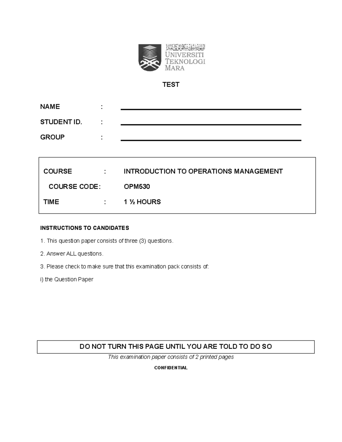 Test - OPM530 - Question Test & Answer - COURSE : INTRODUCTION TO ...