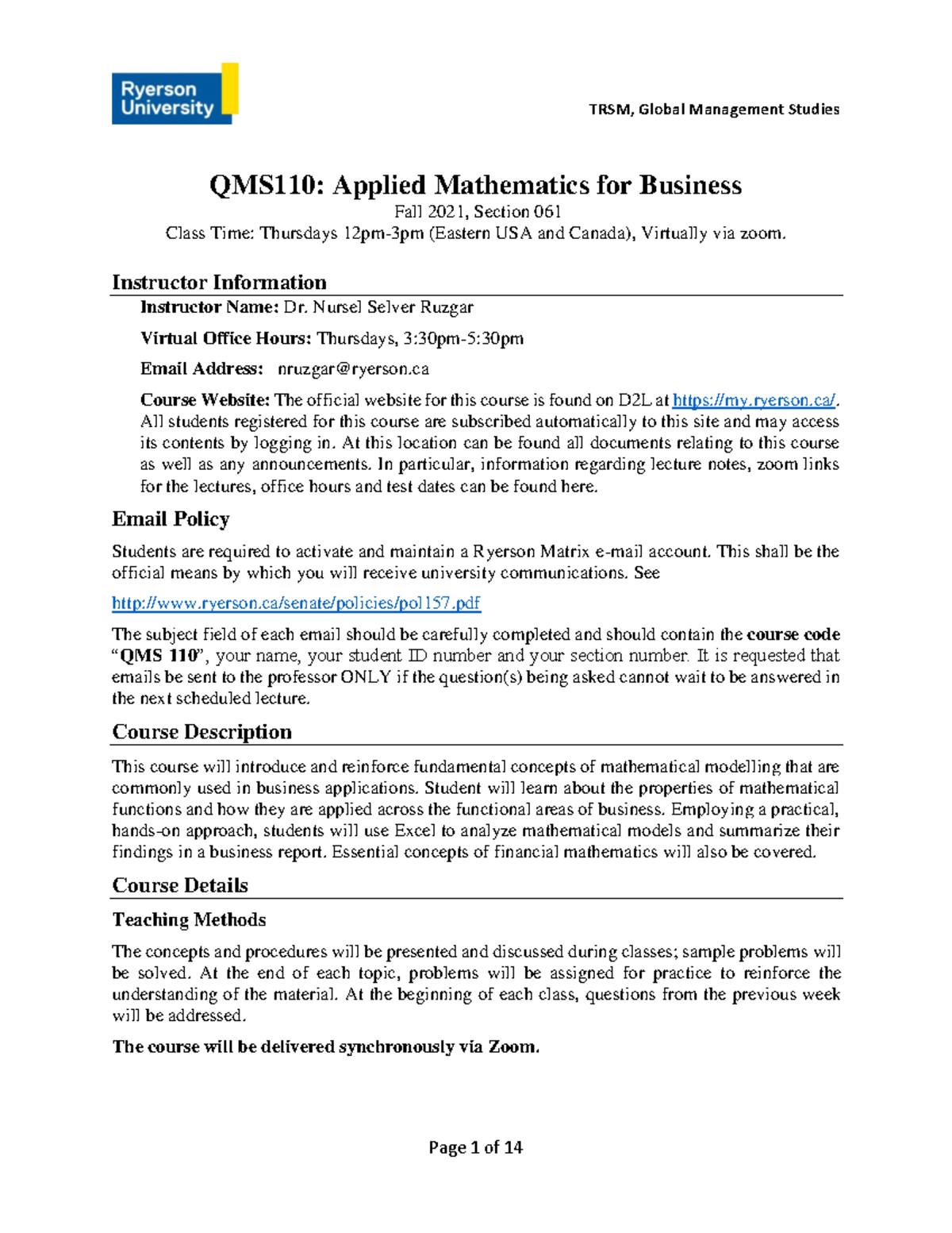 QMS110 Course Outline Fall 2021 Nursel Ruzgar - TRSM, Global Management ...
