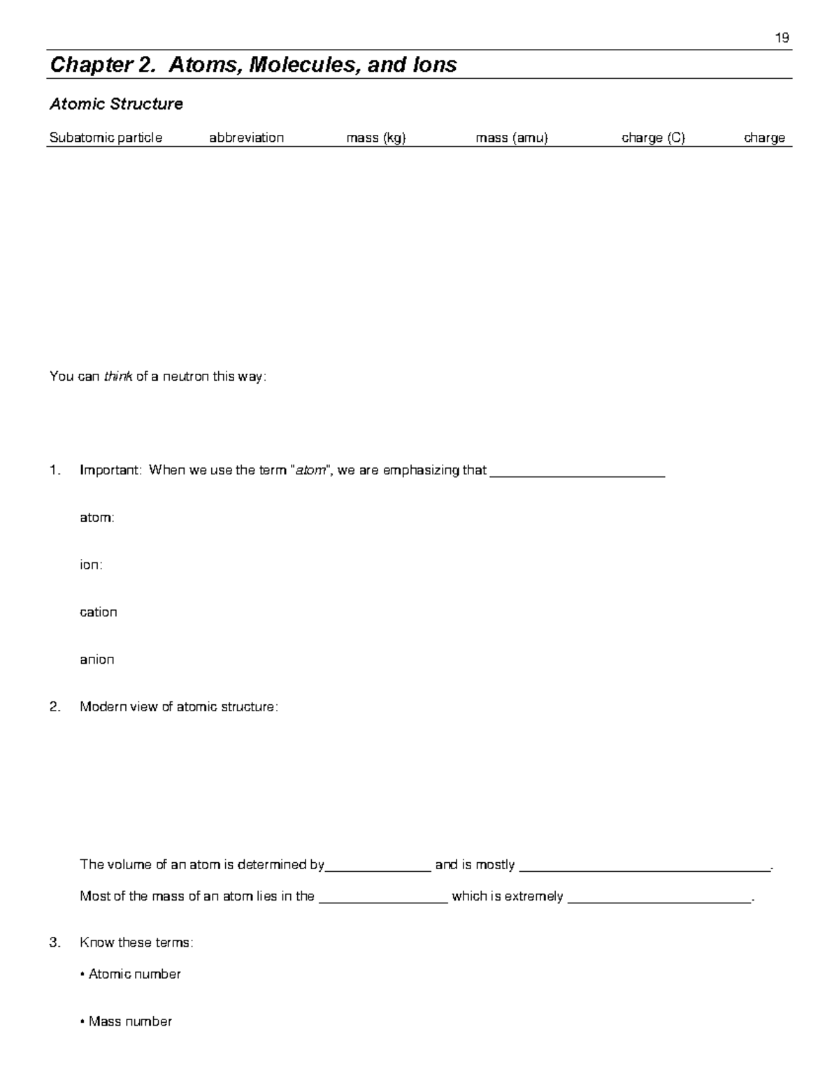 blank chapter notes chapter 2 for chem 1411 - Chapter 2. Atoms ...