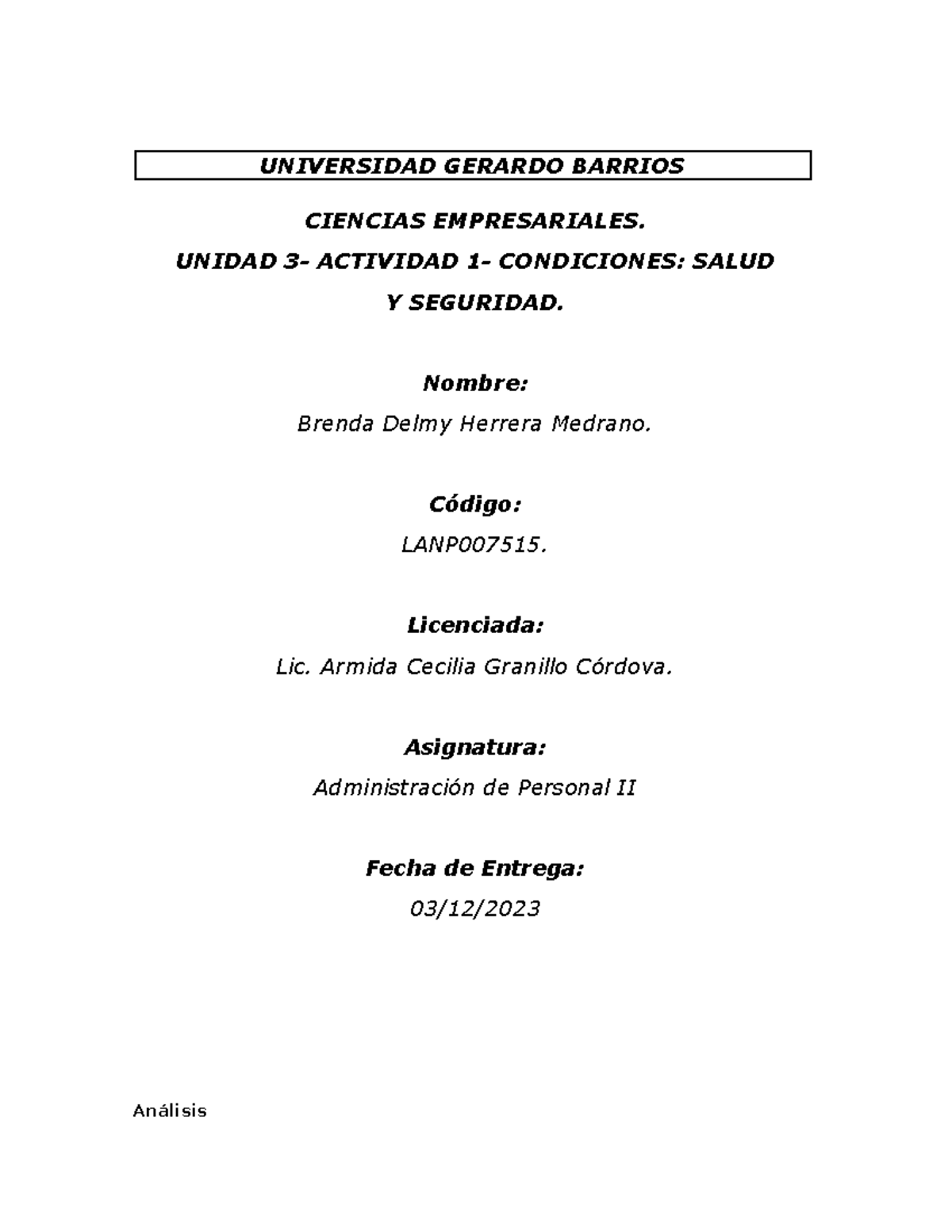 Unidad 3 – Actividad 1 – Condiciones salud y seguridad - UNIVERSIDAD ...