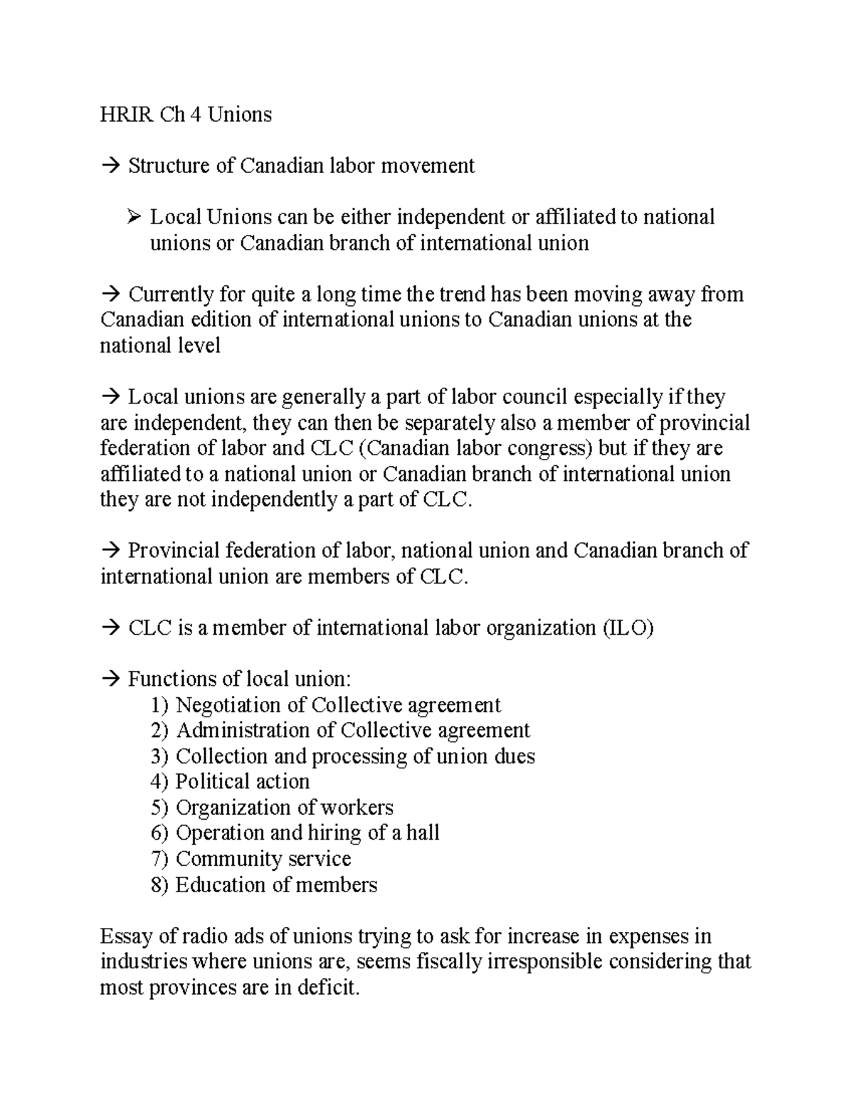 HRIR Ch 4 Unions - HRIR Ch 4 Unions Structure of Canadian labor ...