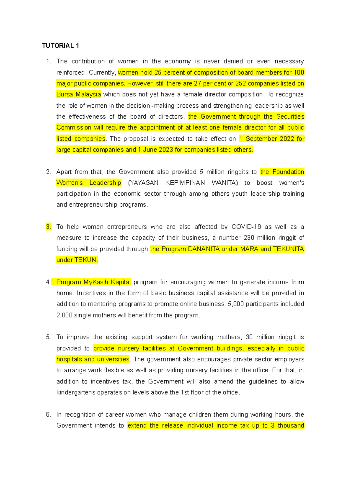 Tutorial PAD104 - TUTORIAL 1 The contribution of women in the economy ...