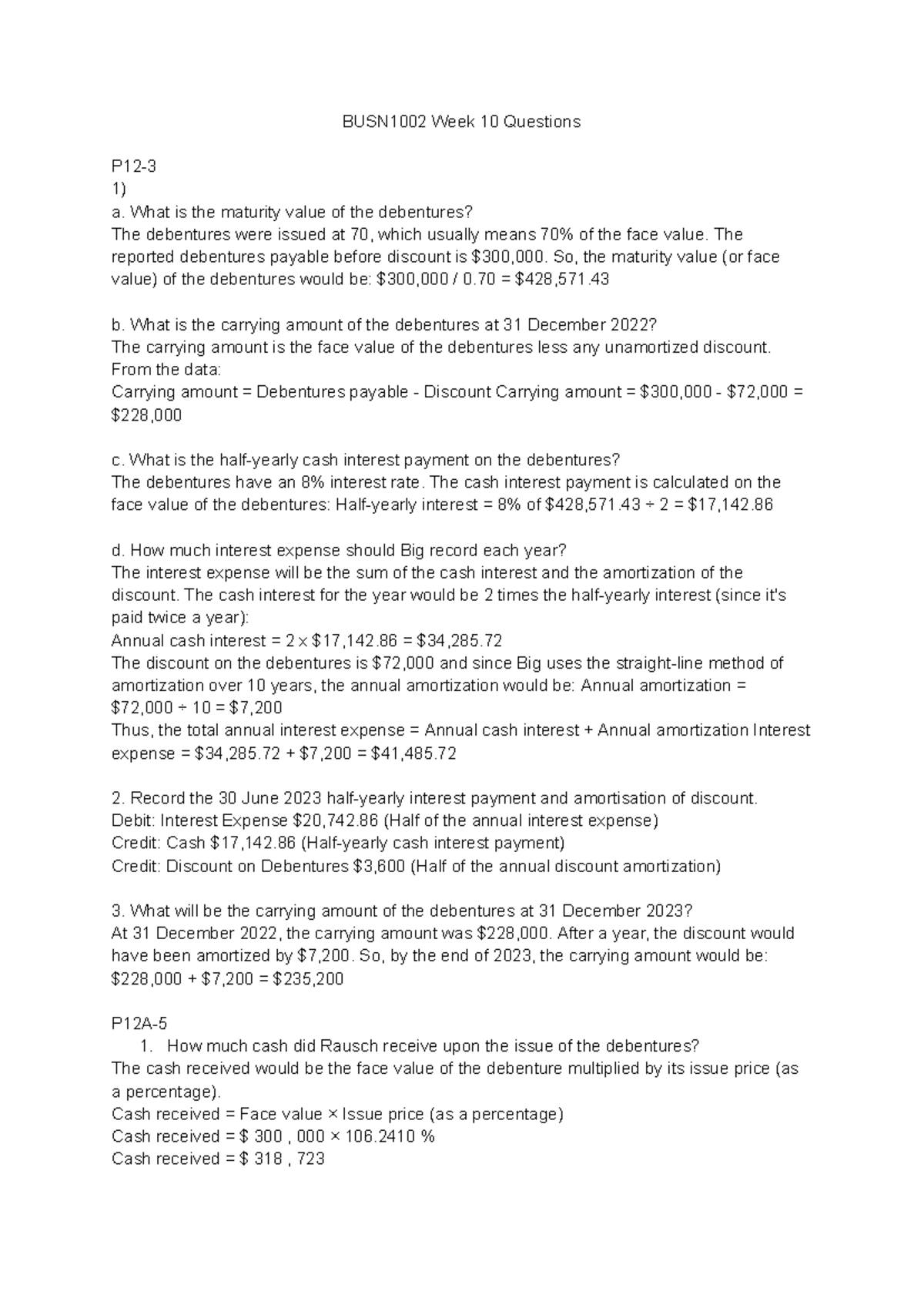 BUSN1002 Week 10 Questions - BUSN1002 Week 10 Questions P12- 1) a. What ...
