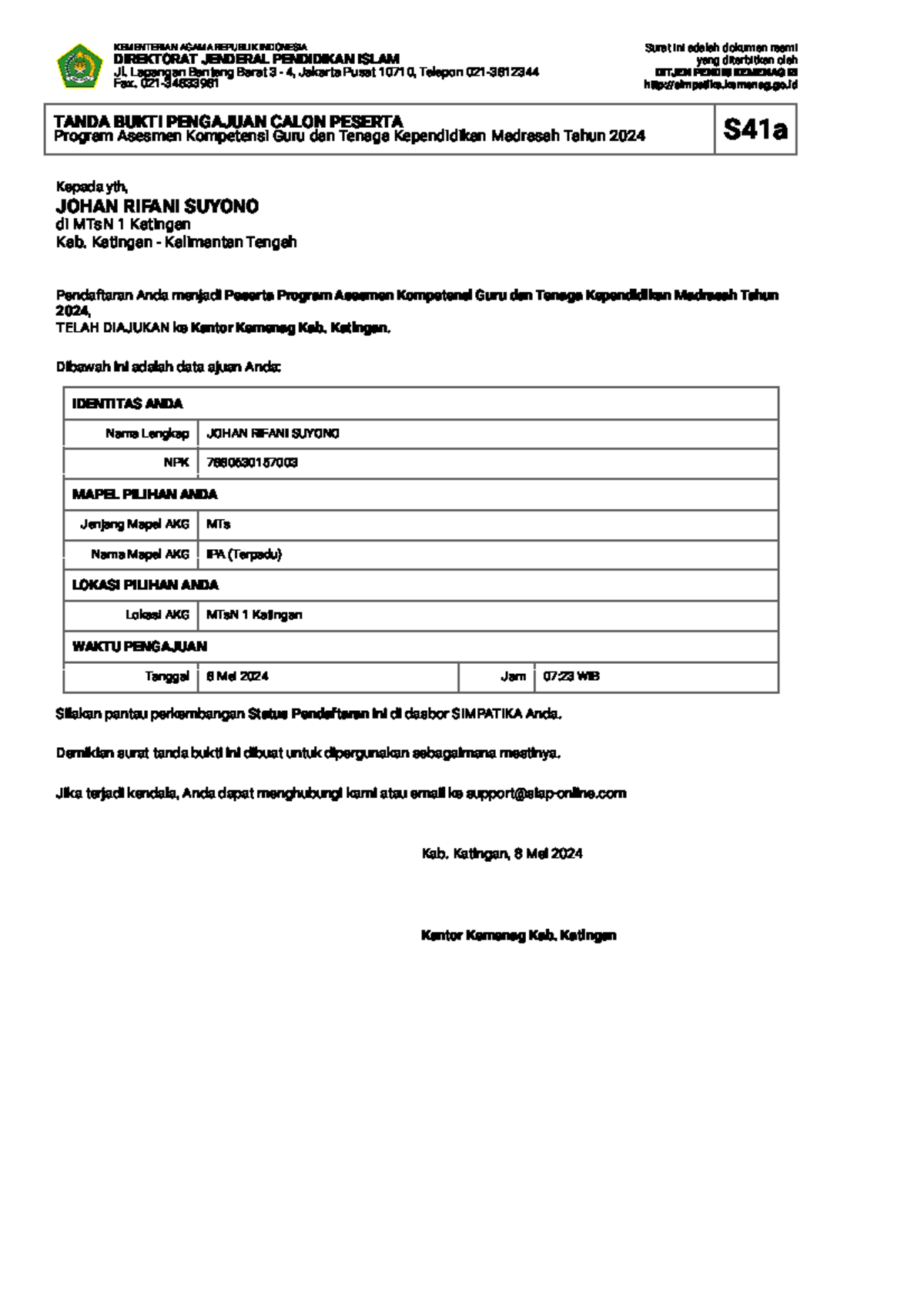 Surat AKG - KEMENTERIAN AGAMA REPUBLIK INDONESIA DIREKTORAT JENDERAL PENDIDIKAN ISLAM Jl ...