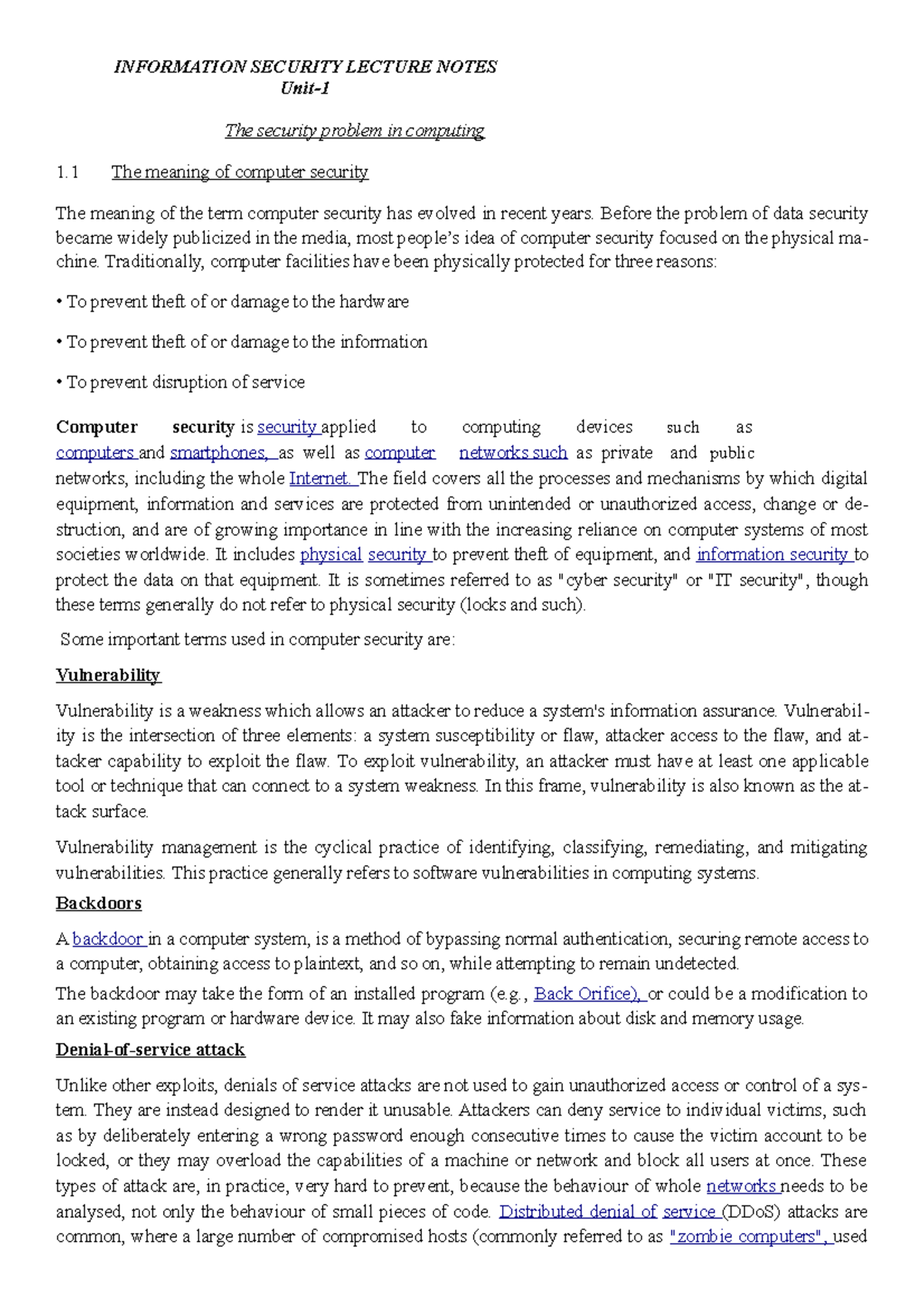 Computer security notes unit1&3 - INFORMATION SECURITY LECTURE NOTES ...