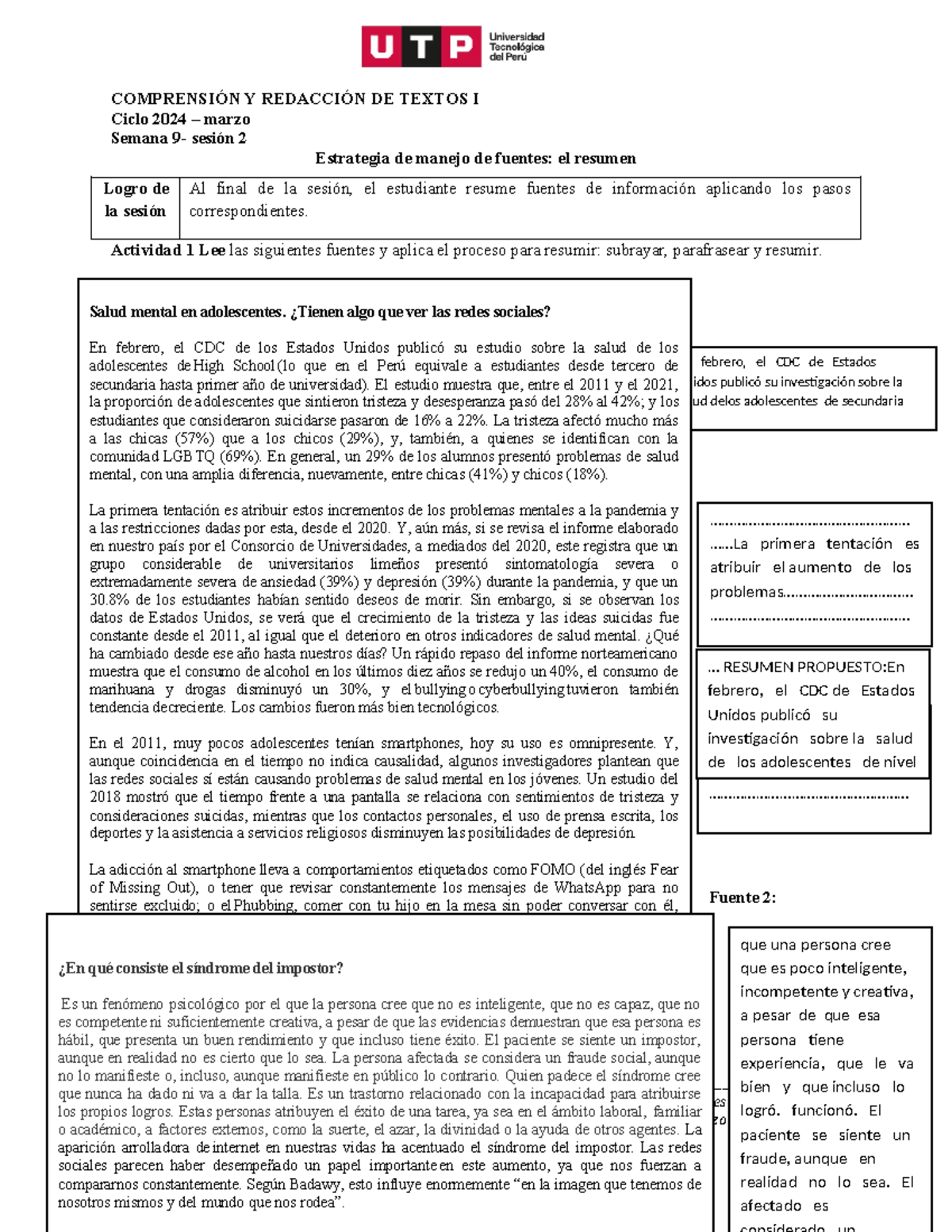 S09 s2+El+resum Euemjq - COMPRENSIÓN Y REDACCIÓN DE TEXTOS I Ciclo 2024 ...