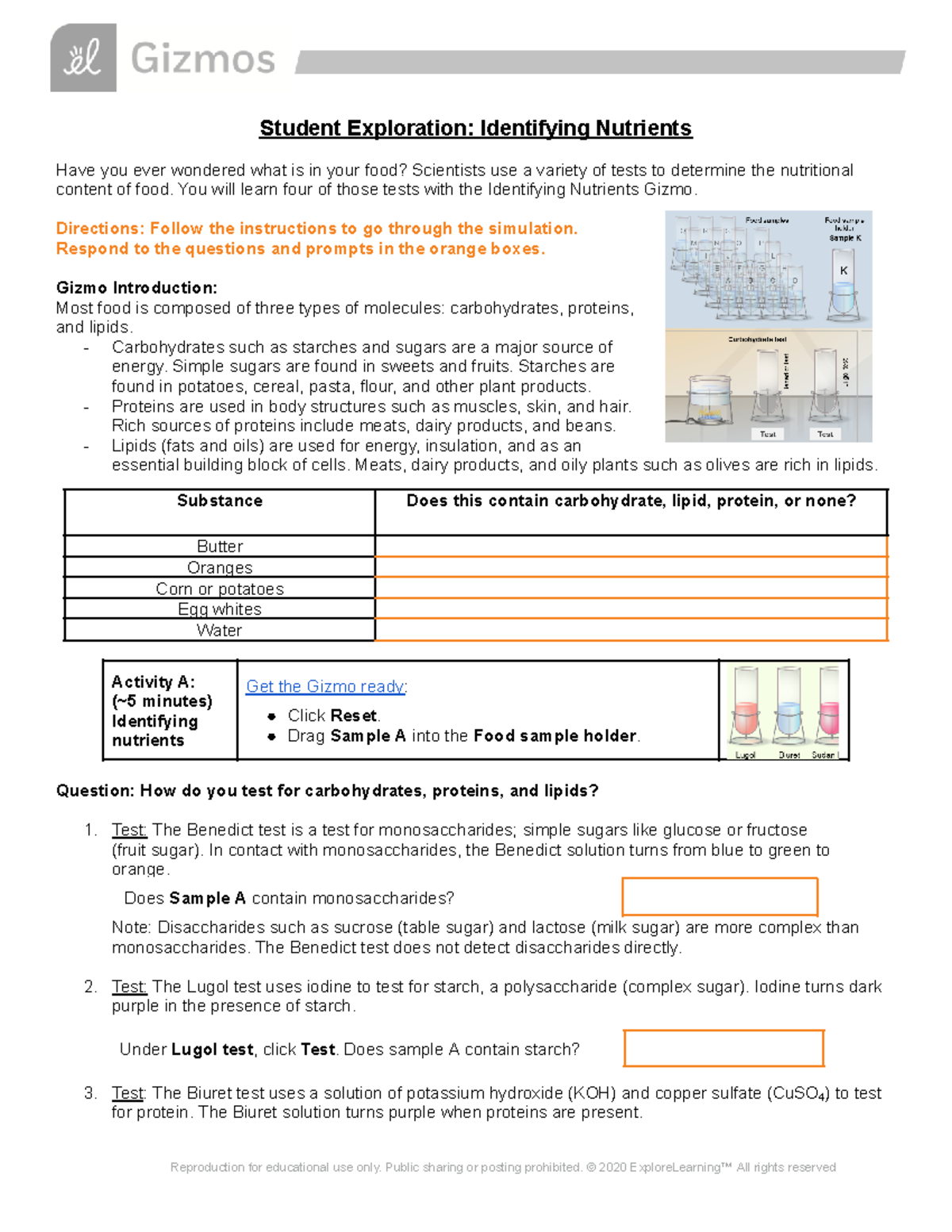 Identifying Nutrients Gizmo - Student Exploration: Identifying ...