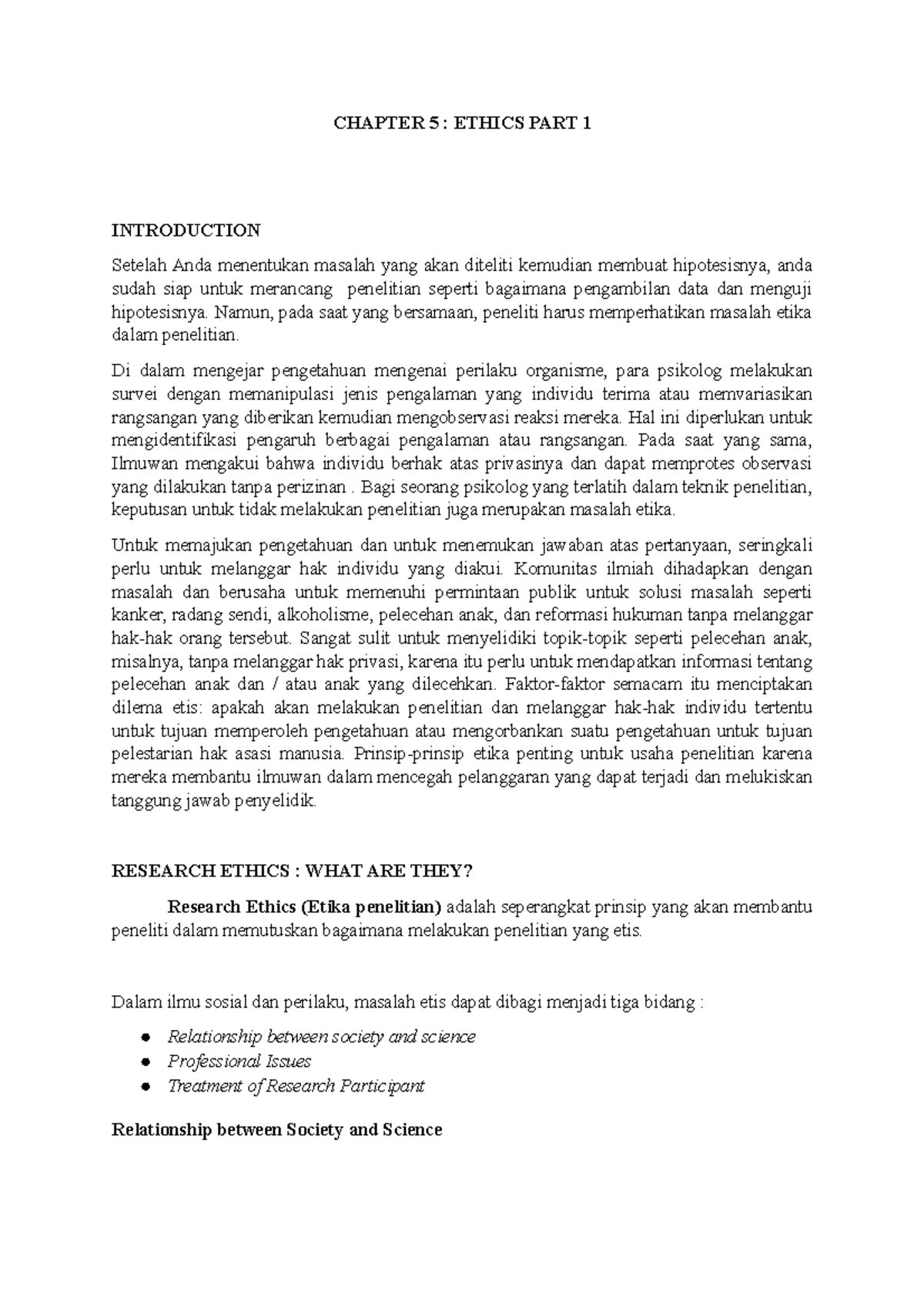 Chapter 5 Ethics PART 1 - Summary Experimental Methodology - CHAPTER 5 : ETHICS PART 1 ...