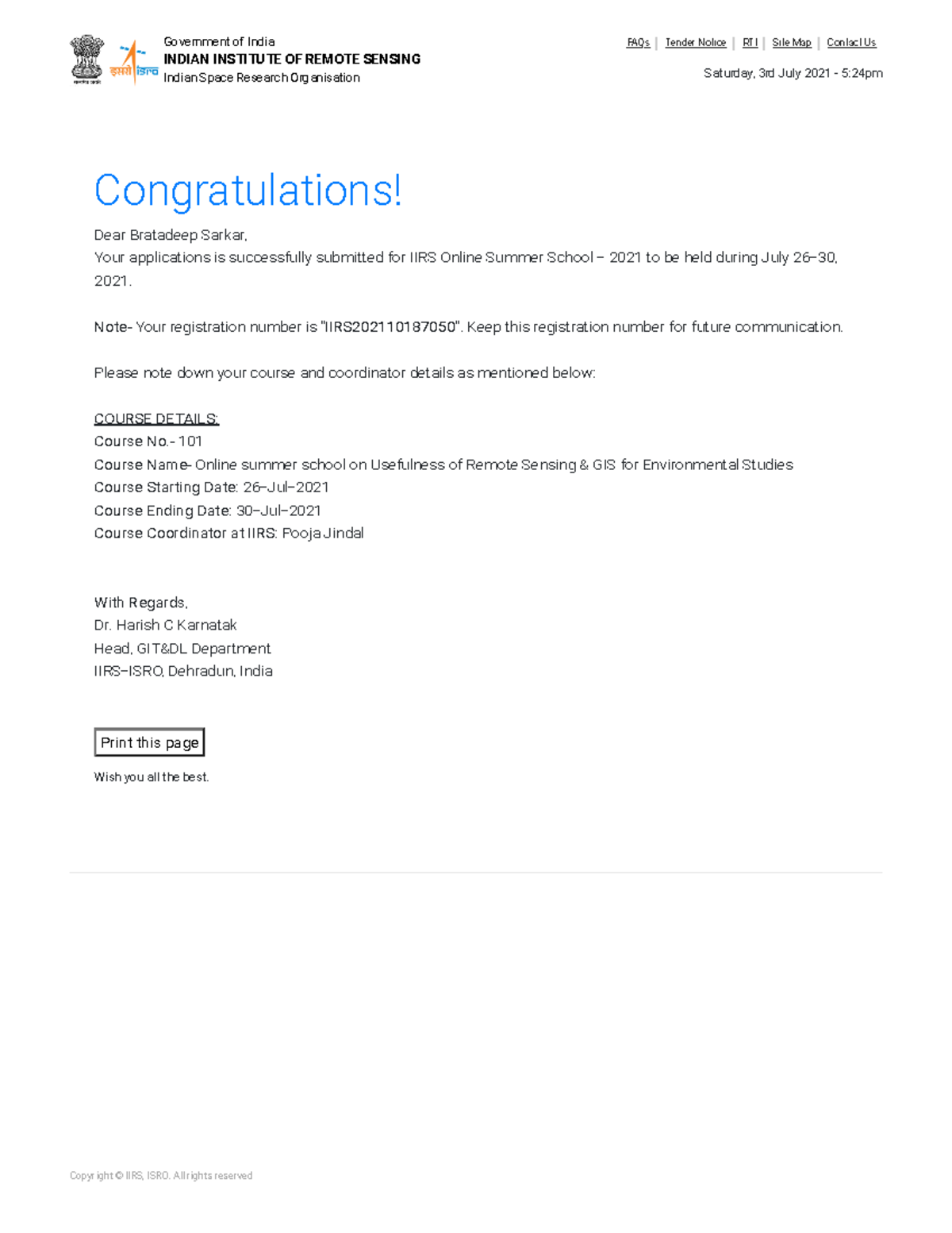 IIRS International Course - Government of India INDIAN INSTITUTE OF ...