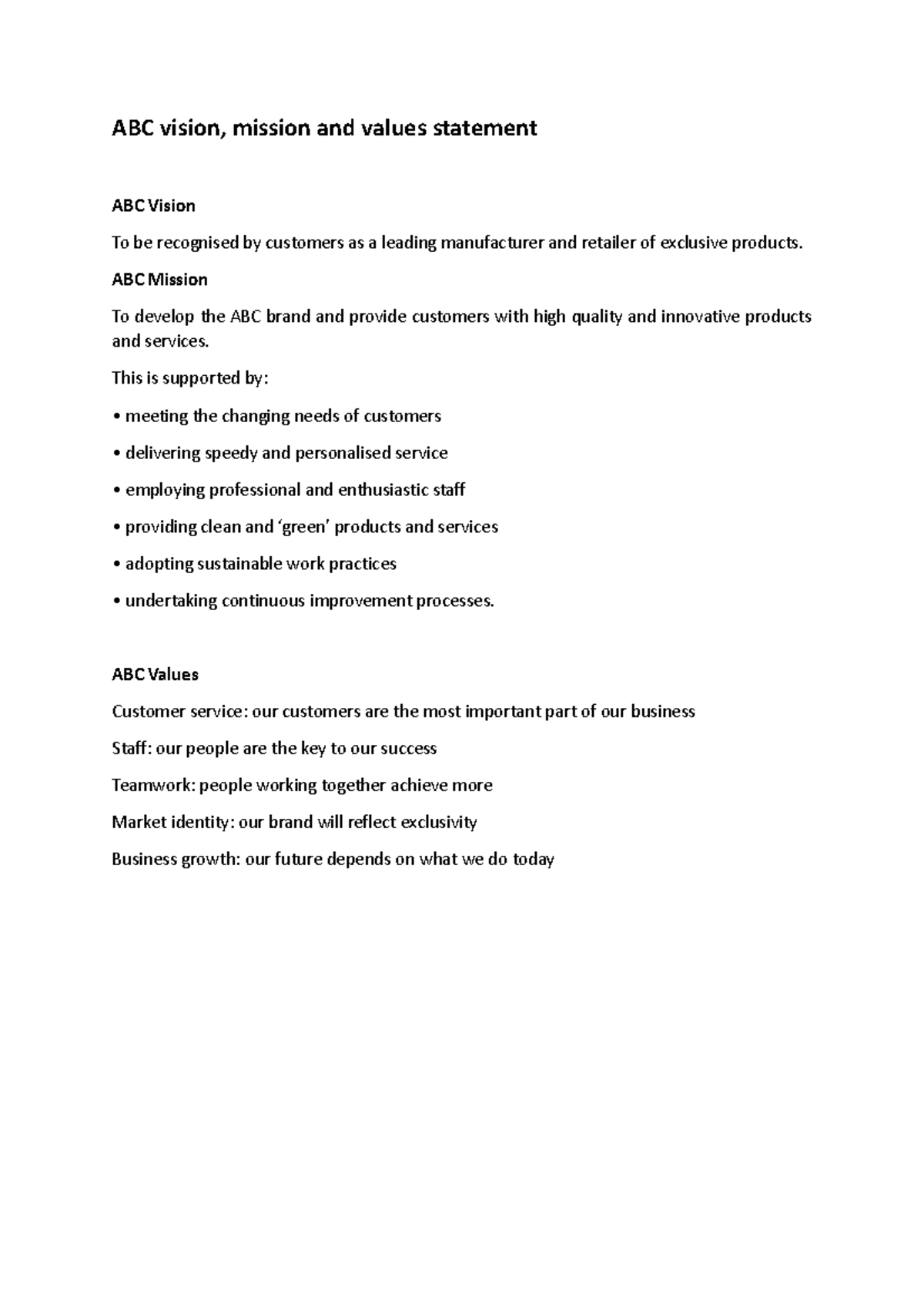 Bsbcmm 401 BSB50420 - ABC vision mission and value statement - ABC ...