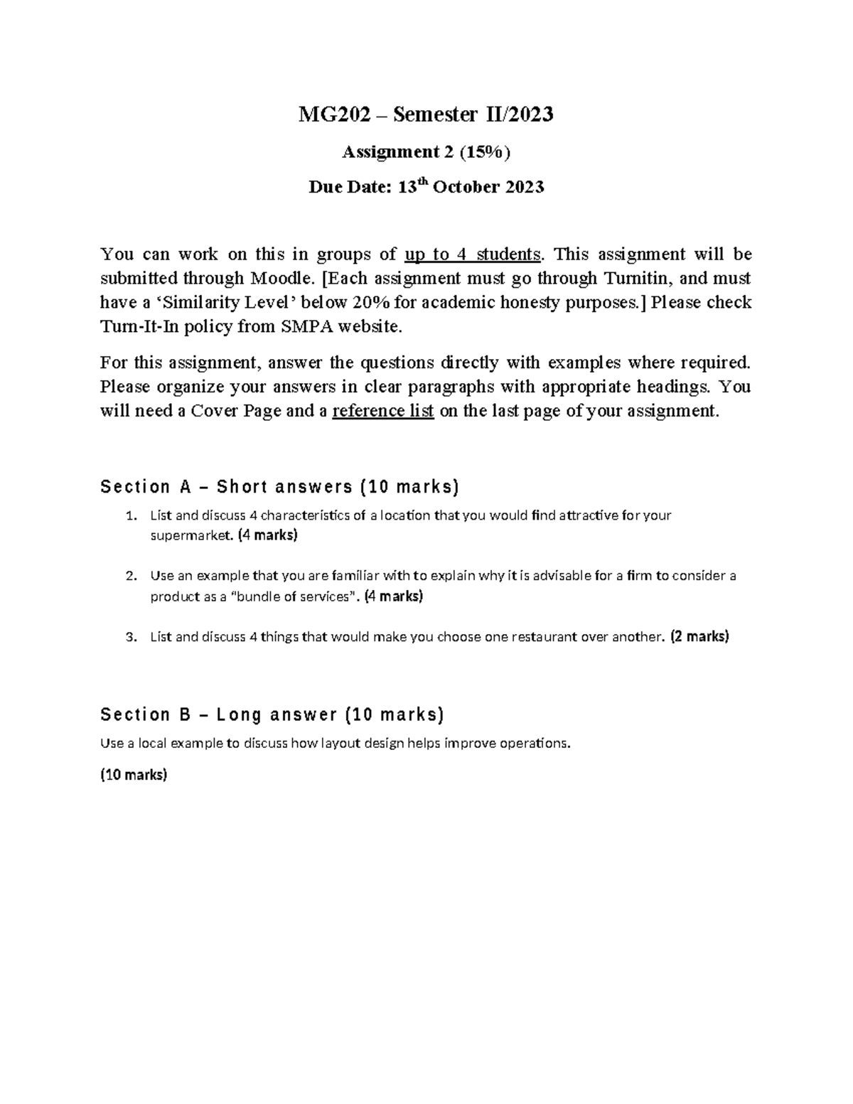 Assignment 2 - MG202 – Semester II/ Assignment 2 (15%) Due Date: 13th ...