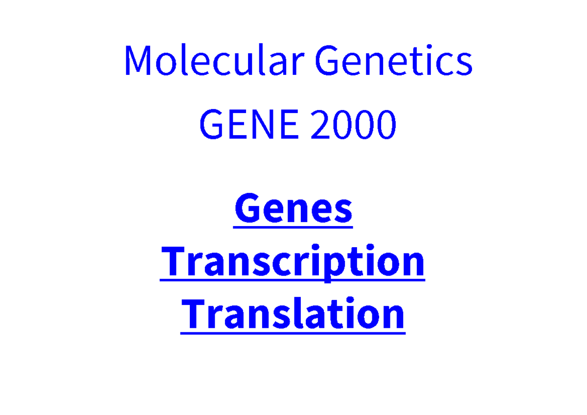 Transcription and Translation - Molecular Genetics GENE 2000 Genes ...