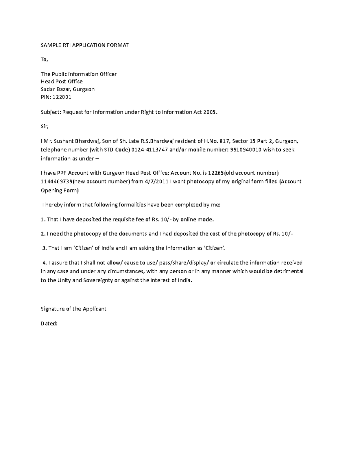 Sample RTI Application Format SAMPLE RTI APPLICATION FORMAT To The