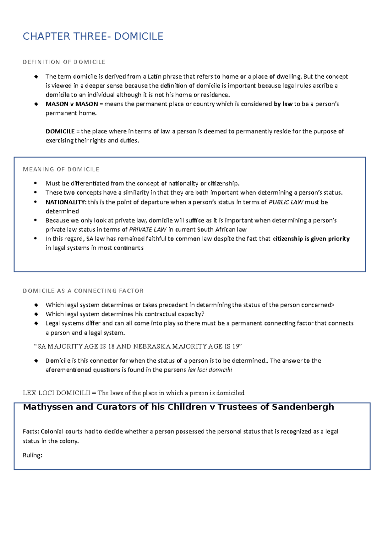 Summaries of Chapter 3 - CHAPTER THREE- DOMICILE DEFINITION OF DOMICILE ...