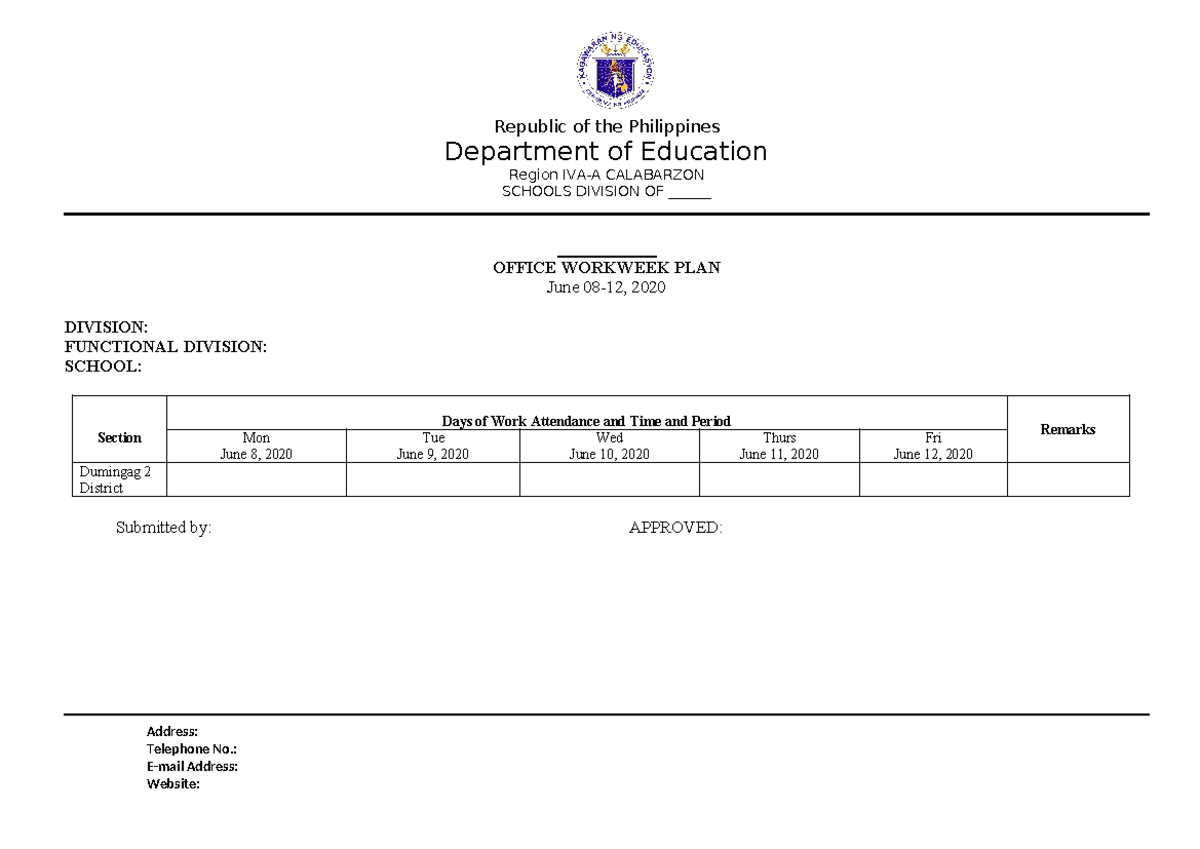 Deped Office Workweek PLAN - Address: Telephone No.: E-mail Address ...