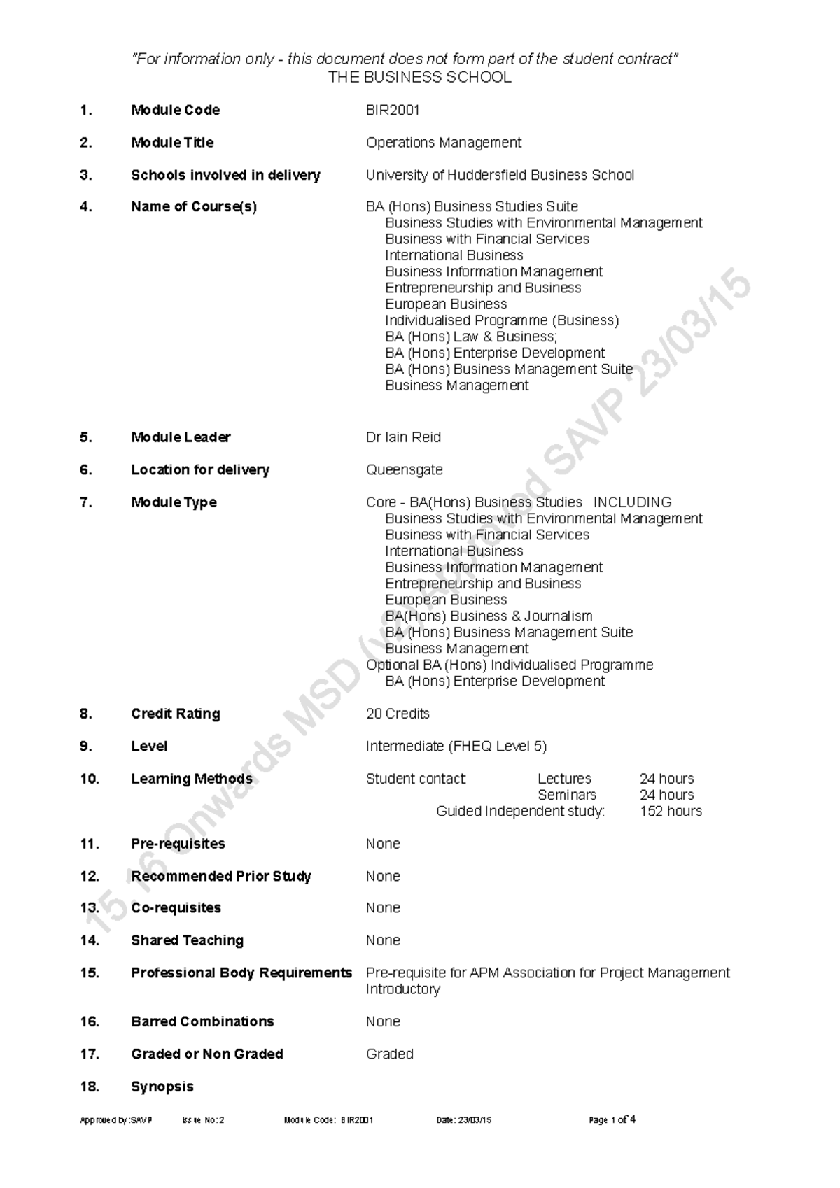 Operations Management Specification - information only this document ...