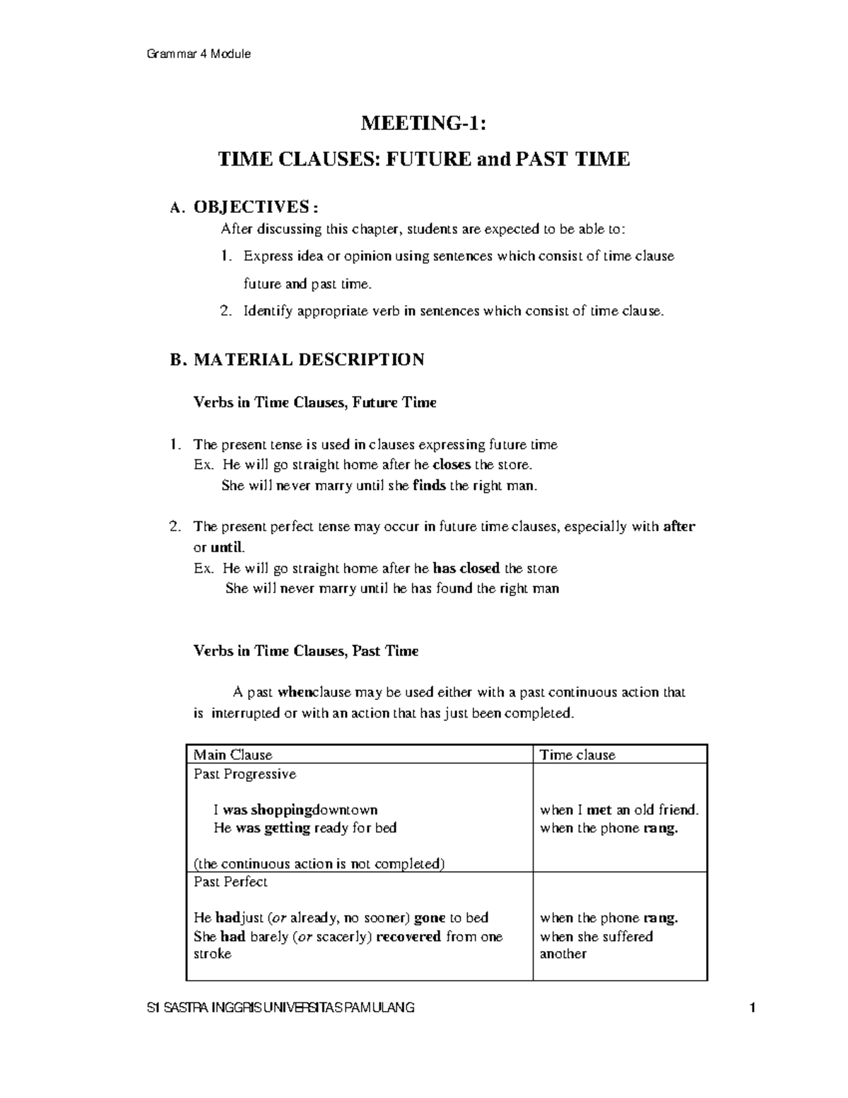 Meeting 1 TIME Clauses Future and PAST TIME - Grammar 4 M odule S1 ...